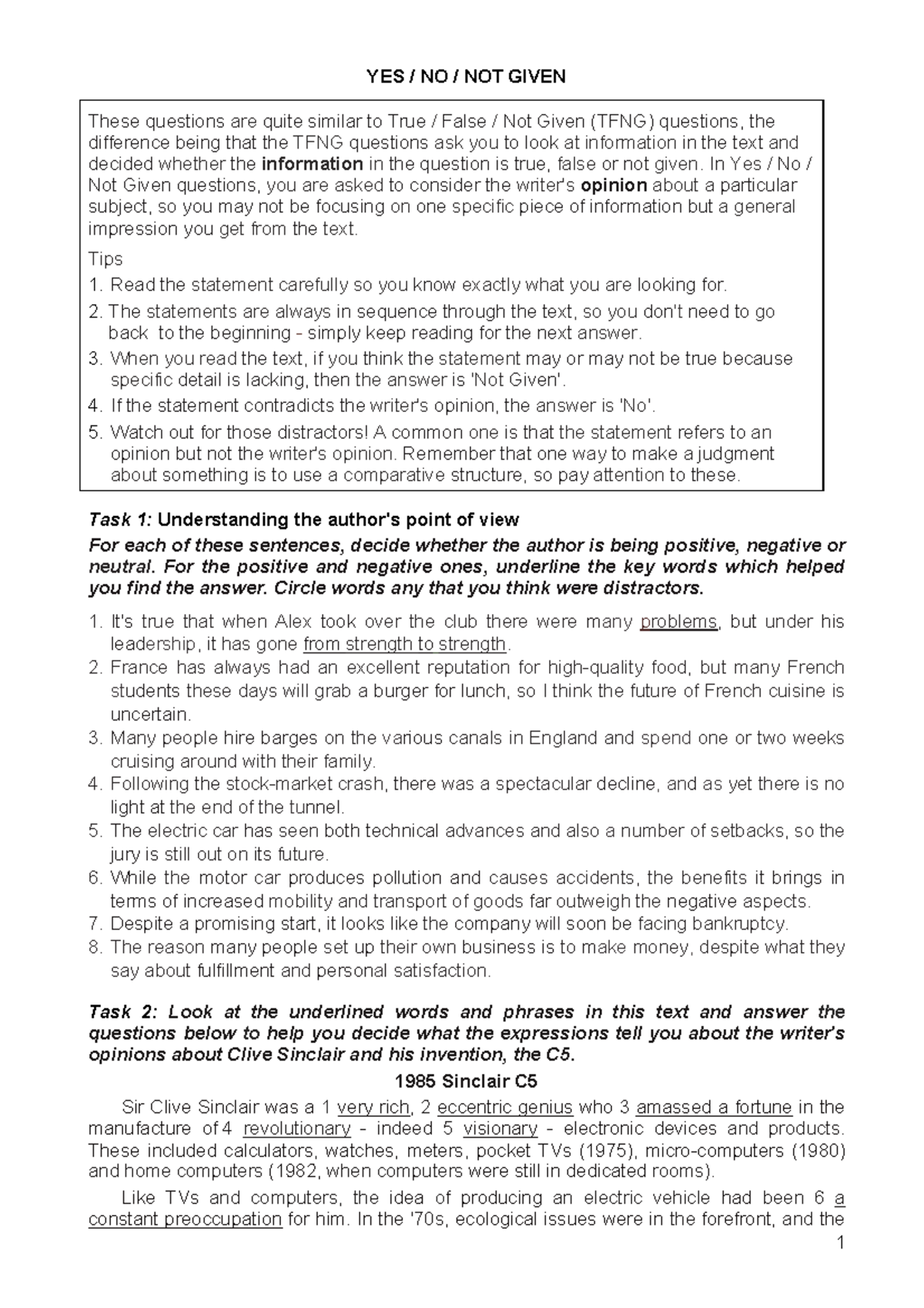 Week 5 Yes No Not given - .... - YES / NO / NOT GIVEN These questions ...