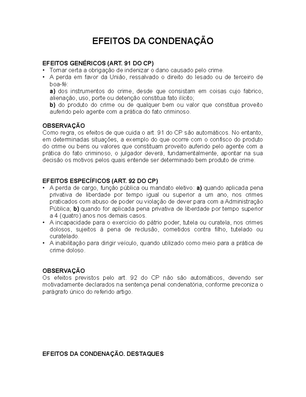 11 Efeitos DA Condenação - EFEITOS DA CONDENAÇÃO EFEITOS GENÉRICOS (ART ...