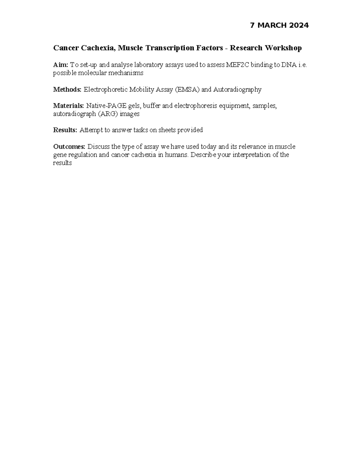 Cancer Cachexia, Muscle Transcription Research Lab Prac notes 2024 - 7 ...