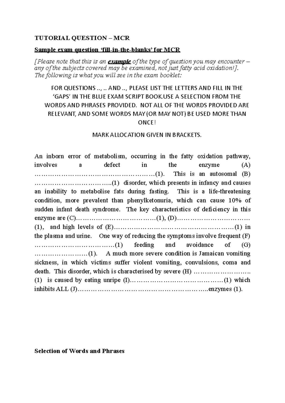 Tutorial Question MCR 2016 - TUTORIAL QUESTION – MCR Sample exam ...