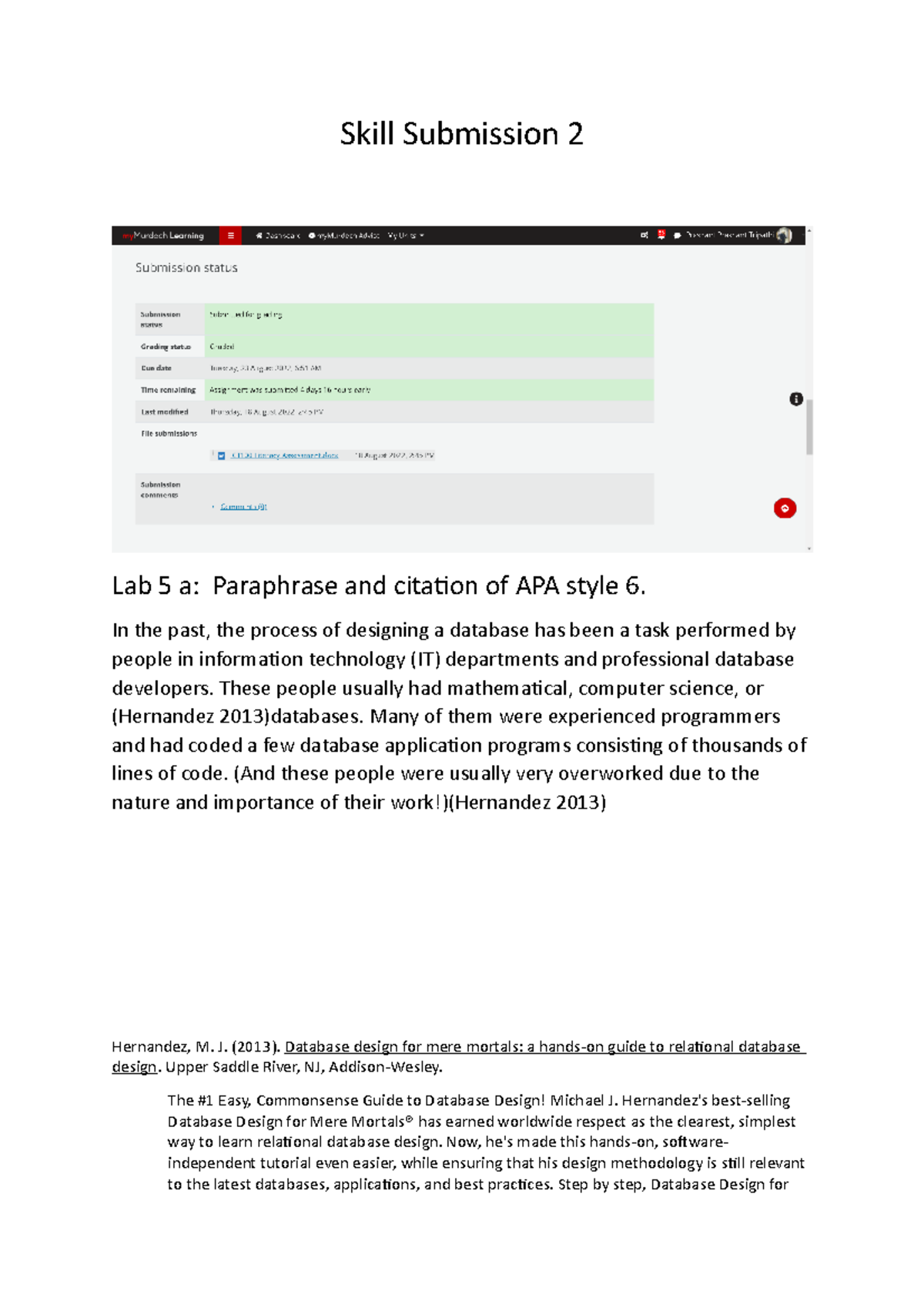 Skill submission 2 - ICT 100 ASSIGNMENT 2 - Skill Submission 2 Lab 5 a: Paraphrase and citation ...
