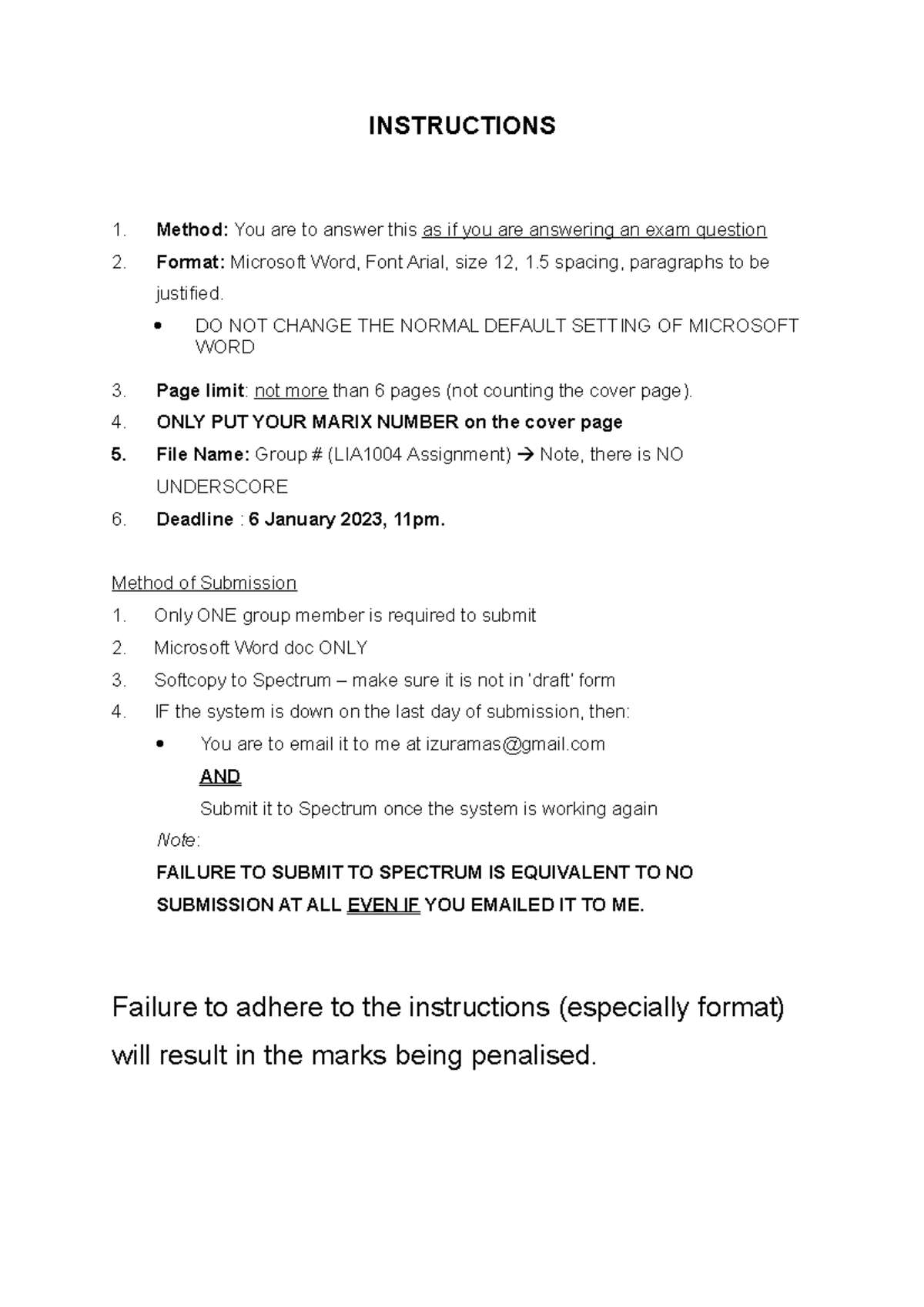 Assignment Instructions (2022-2023) - INSTRUCTIONS Method: You are to ...