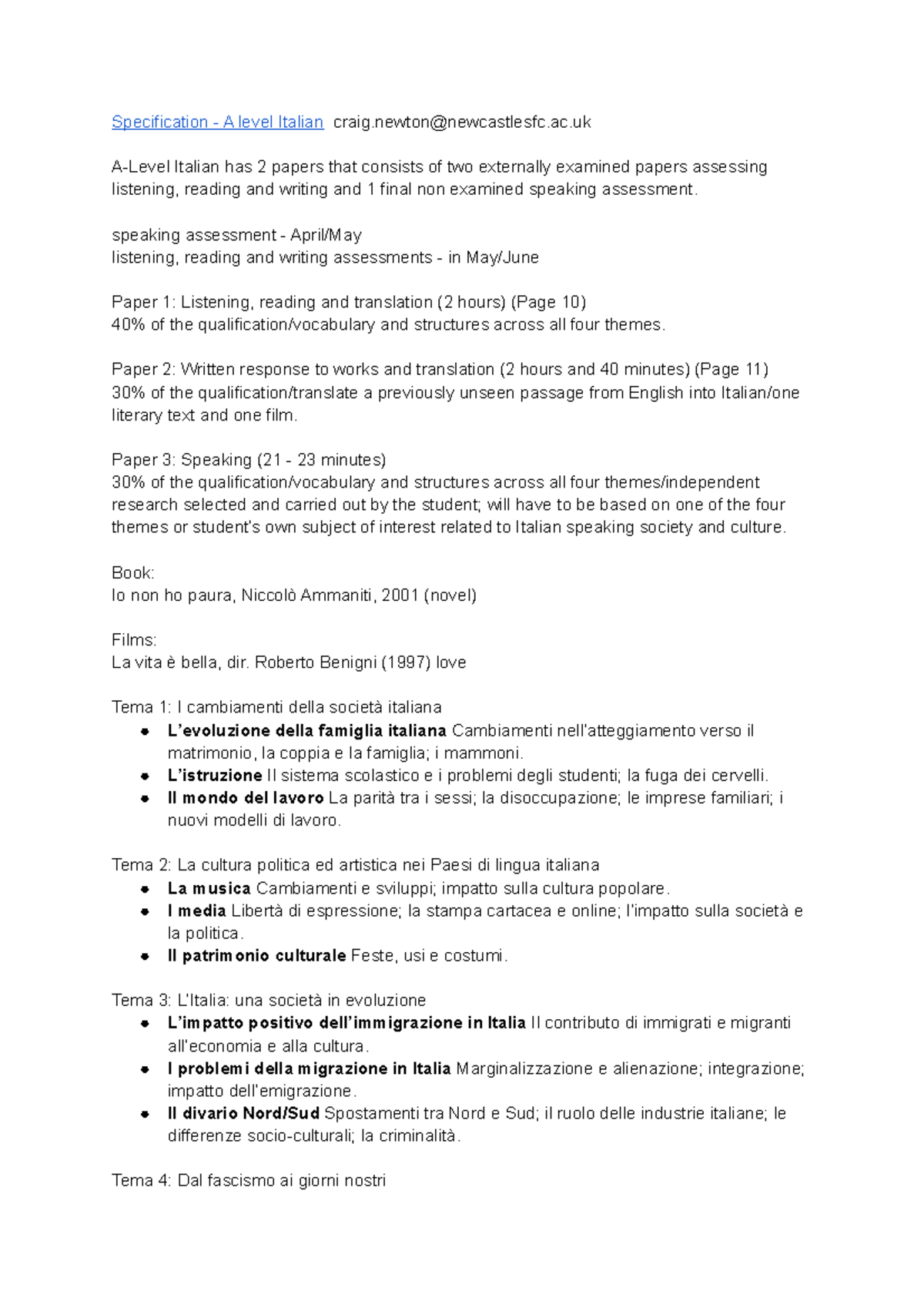 Italian Specification - Specification - A level Italian craig ...