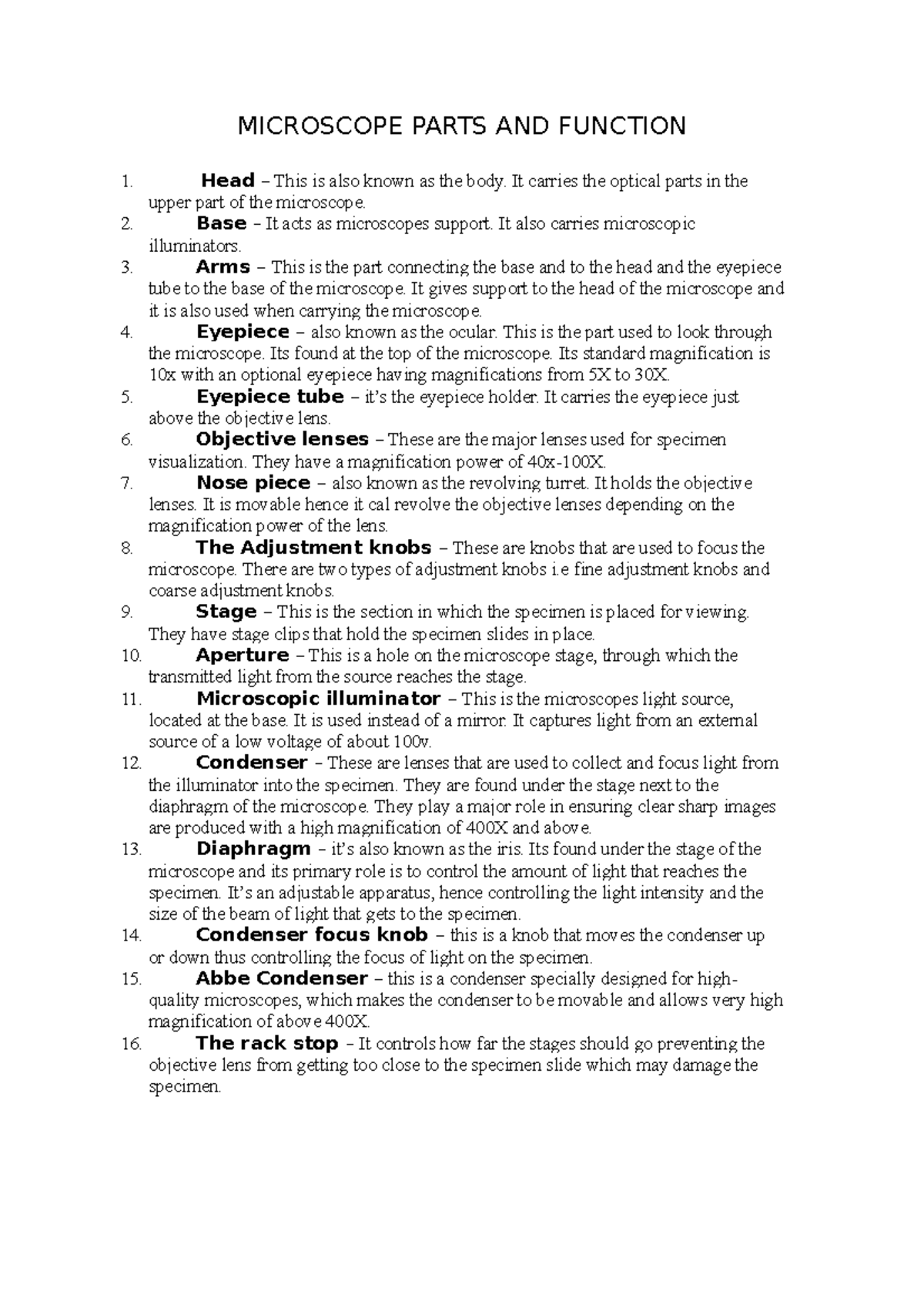Microscope Parts AND Function - MICROSCOPE PARTS AND FUNCTION Head ...