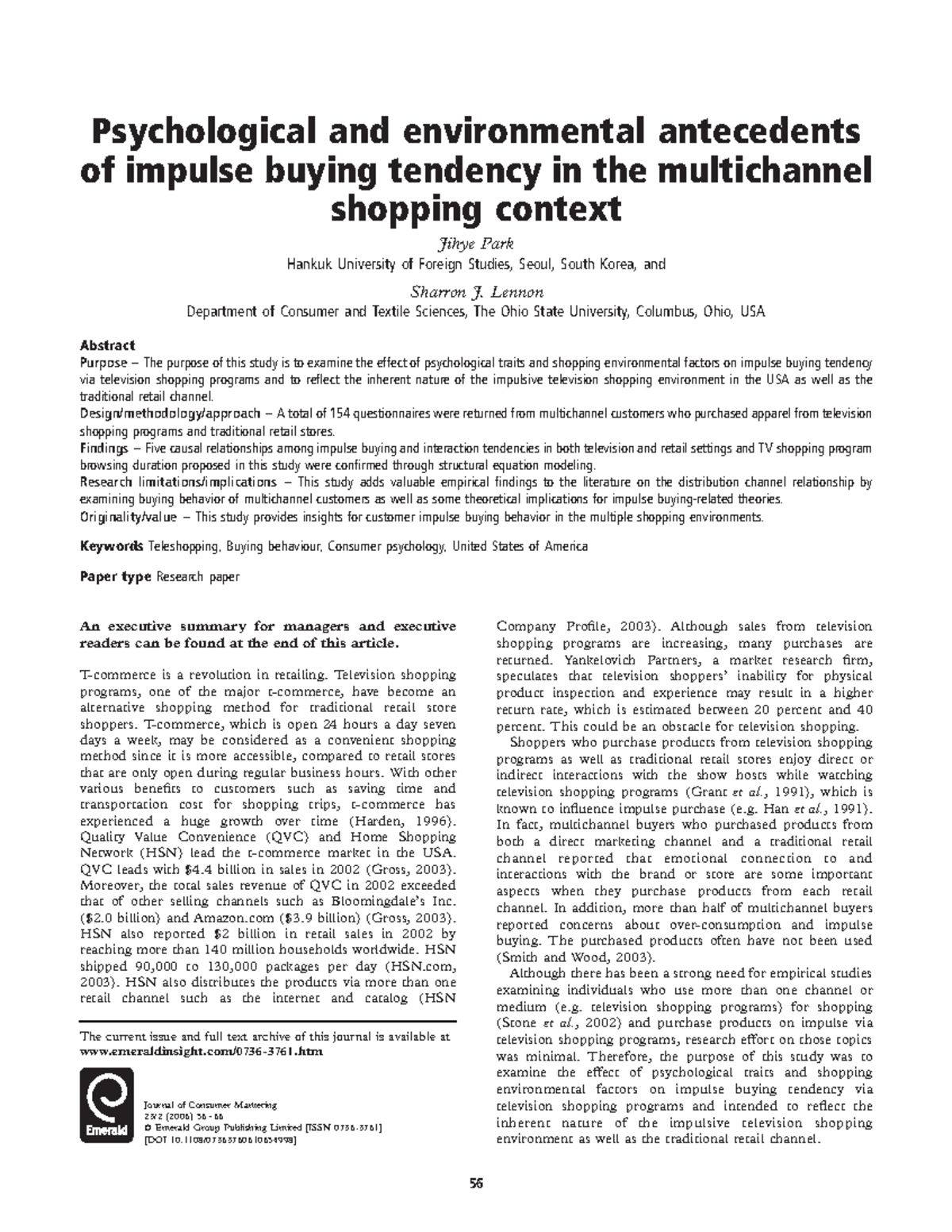 Psychological and environmental antecedents - Lennon Department of ...