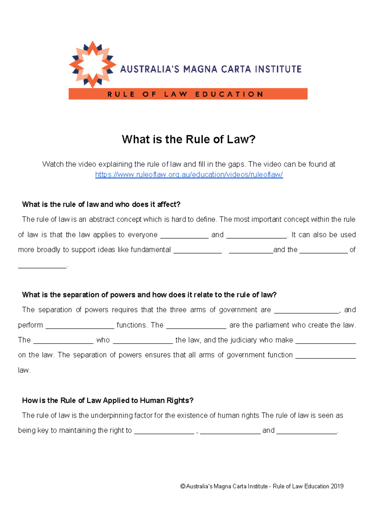 2019 Video 1 Worksheet Rule of Law - What is the Rule of Law? Watch the ...