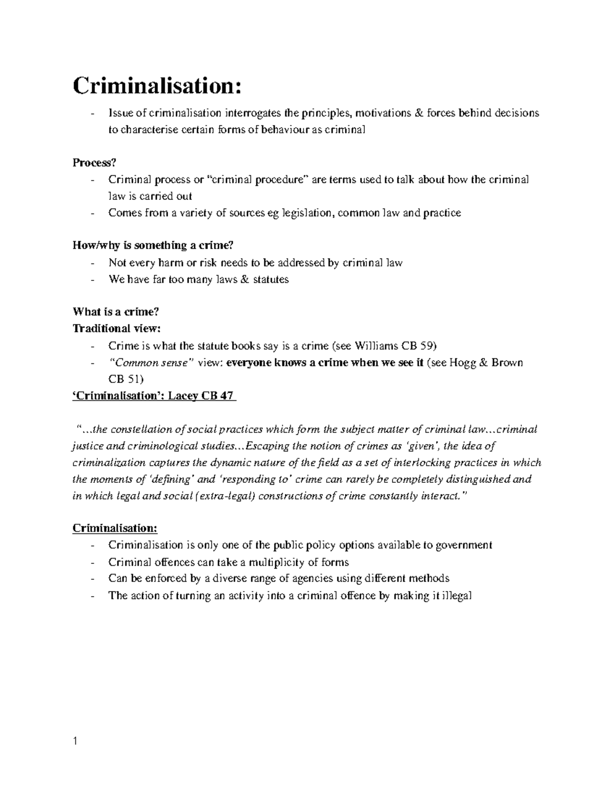 Criminal Law & Process A EXAM Notes ) - Criminalisation: Issue of ...