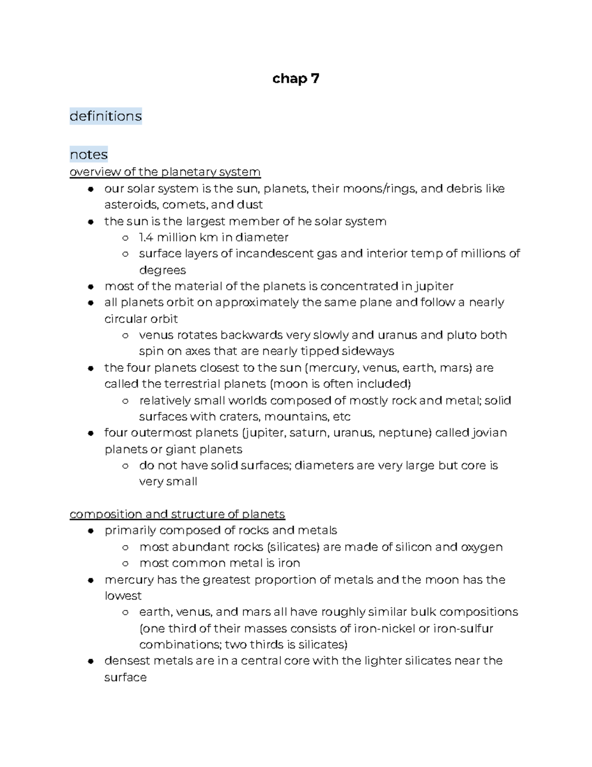 astronomy chap 7 - chap 7 definitions notes overview of the planetary ...