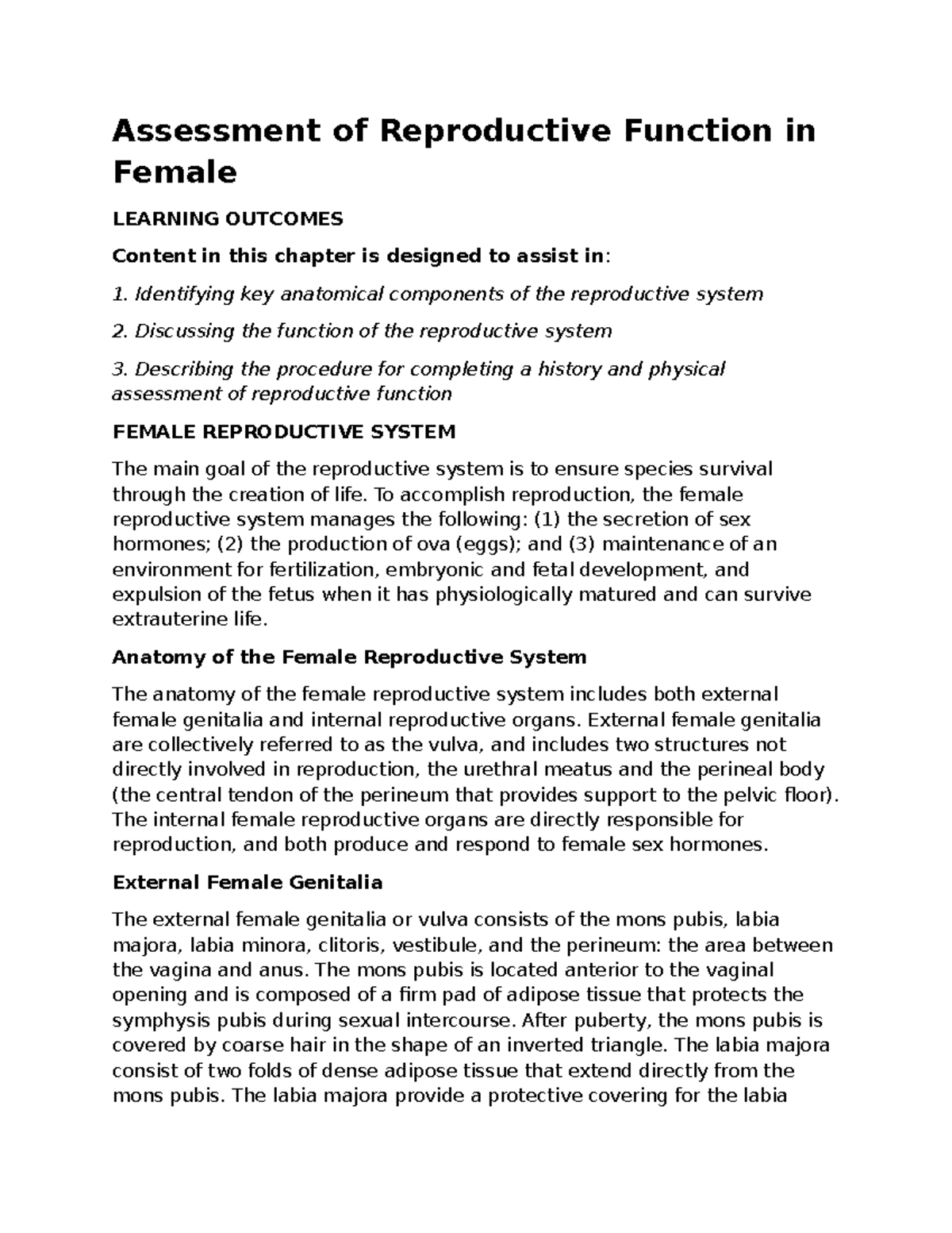 Assessment of Reproductive Function in Female - Assessment of ...