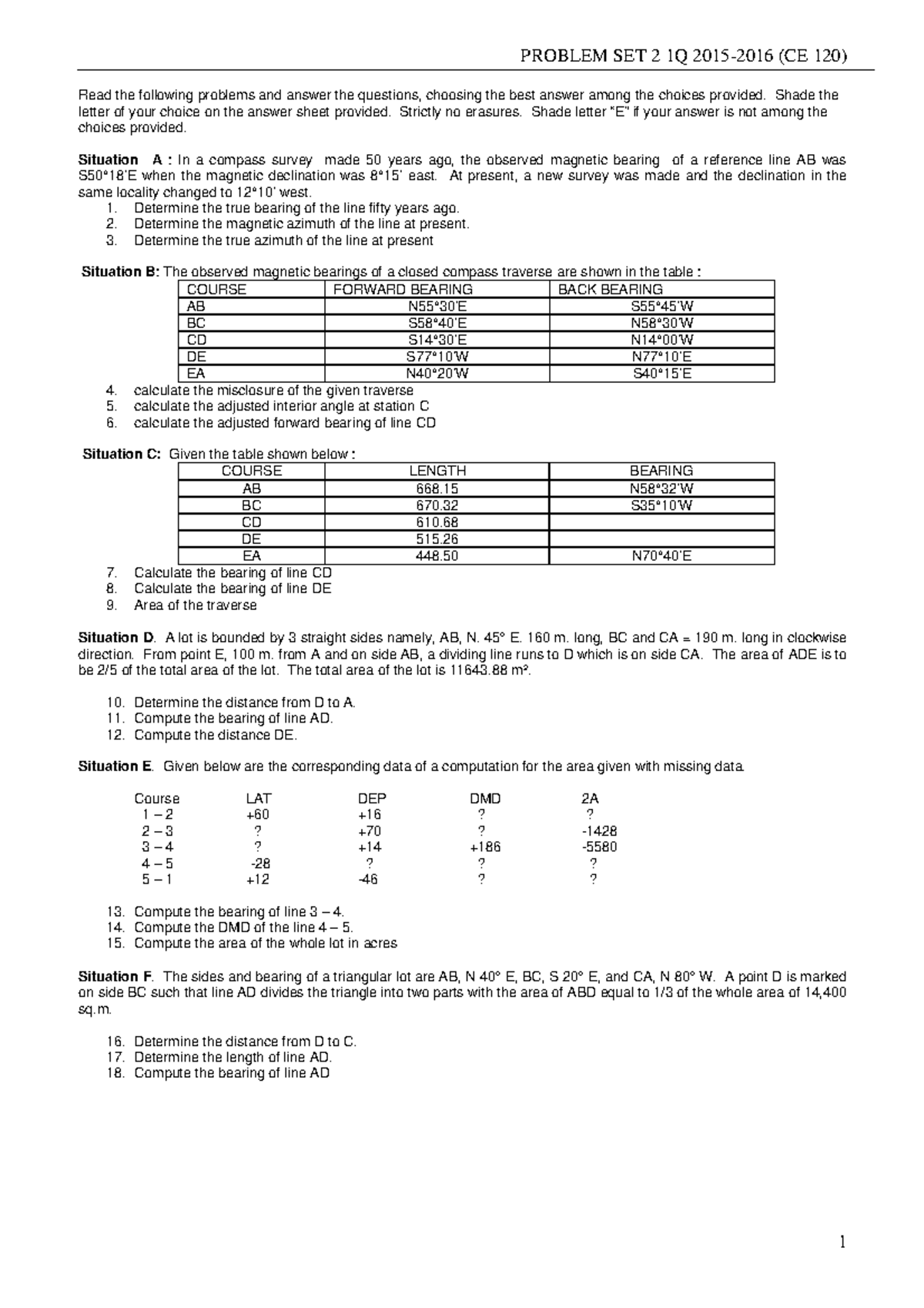 311972503 Elementary Surveying Problem Set 2 q1 - PROBLEM SET 2 1Q (CE ...