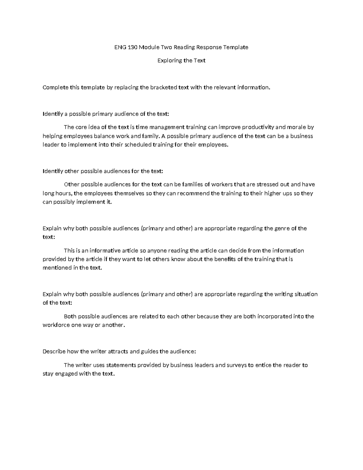 Exploring the text - ENG 130 Module Two Reading Response Template Exploring the Text Complete ...