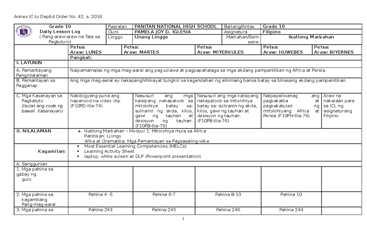 Q3 Modyul 1 Week1 - Annex IC to DepEd Order No. 42, s. 2016 Grade 10 ...