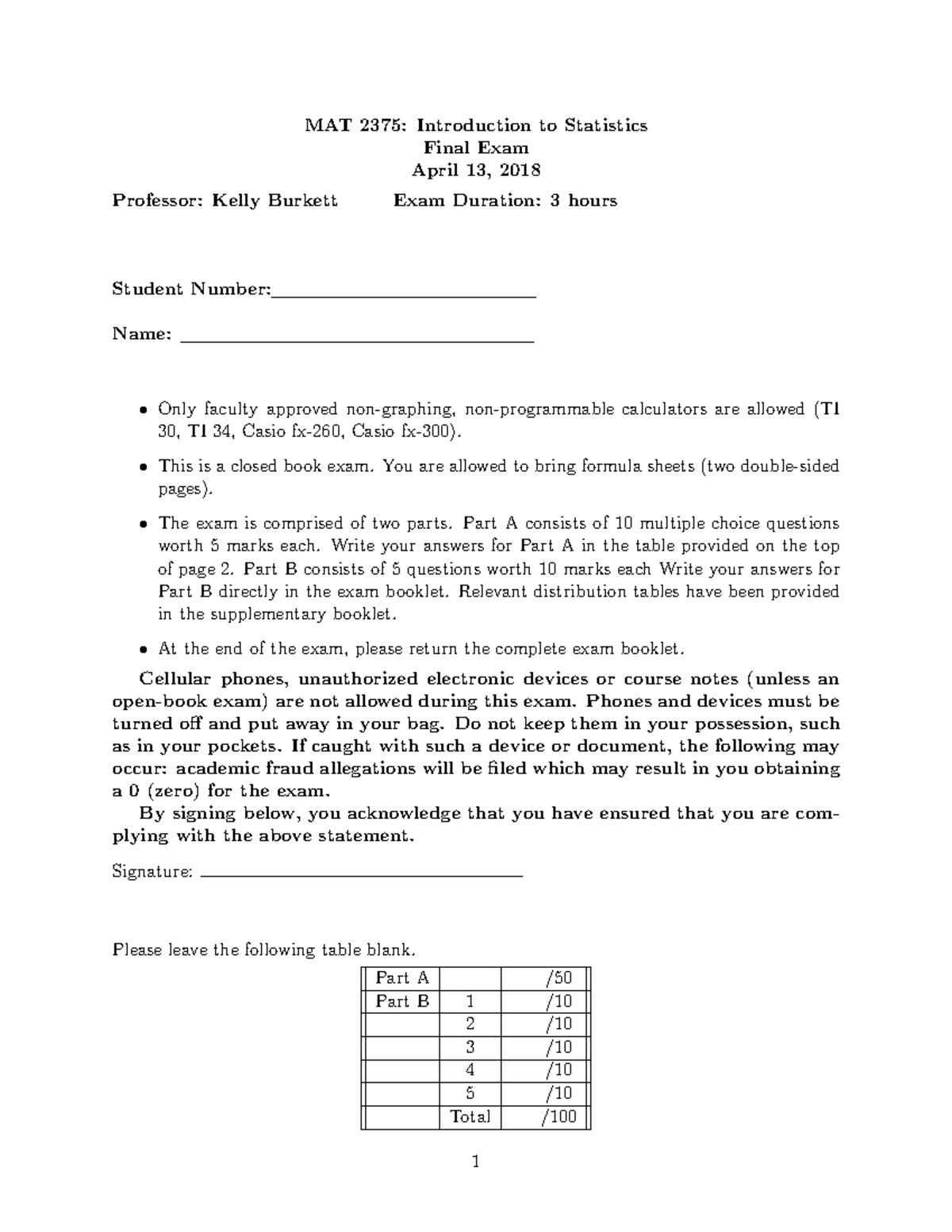 Final 13 April 2018, questions - MAT 2375: Introduction to Statistics ...
