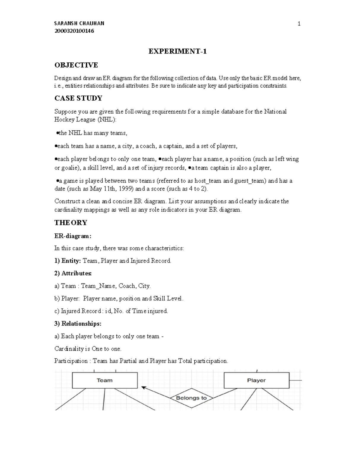 DBMS FILE SAR - N/A - 2000320100146 1 EXPERIMENT- OBJECTIVE Design and draw an ER diagram for ...