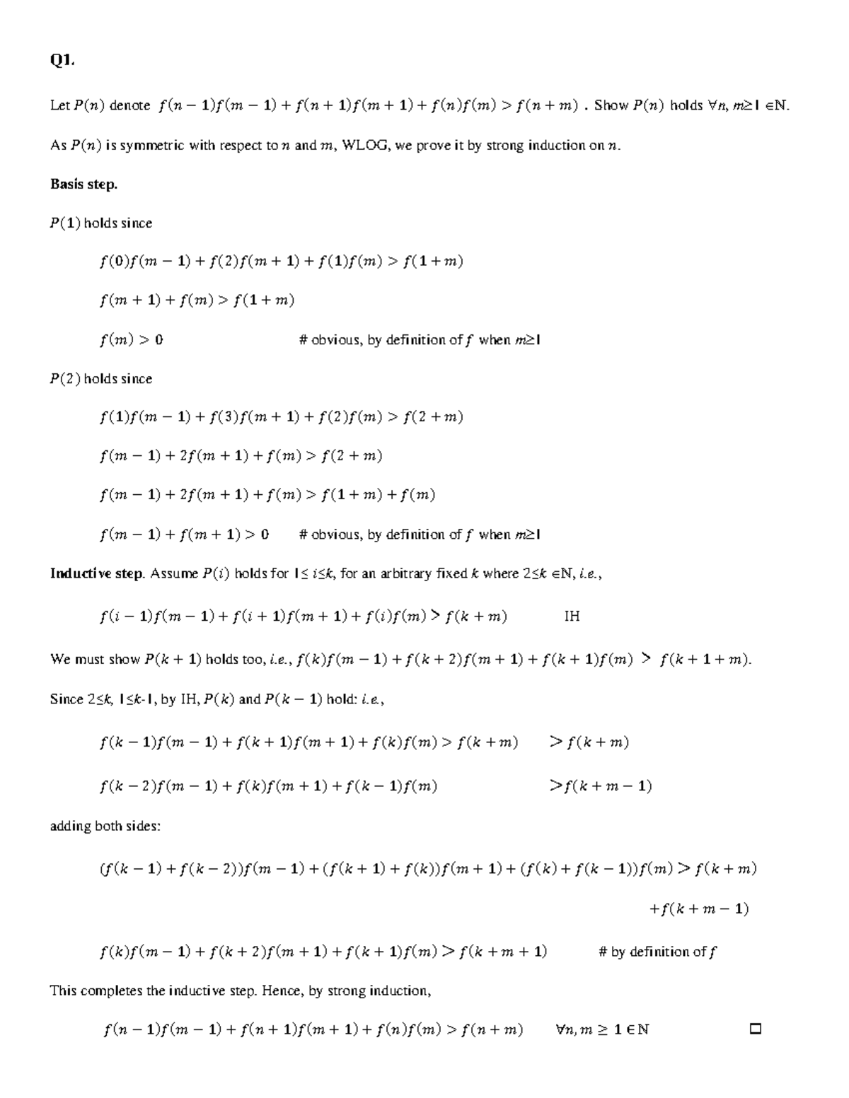 A2 sol - Assingment #2 Solutions - Let 𝑃(𝑛) denote 𝑓(𝑛 − 1)𝑓(𝑚 − 1) + 𝑓(𝑛 + 1)𝑓(𝑚 + 1) + 𝑓(𝑛)𝑓(𝑚 ...