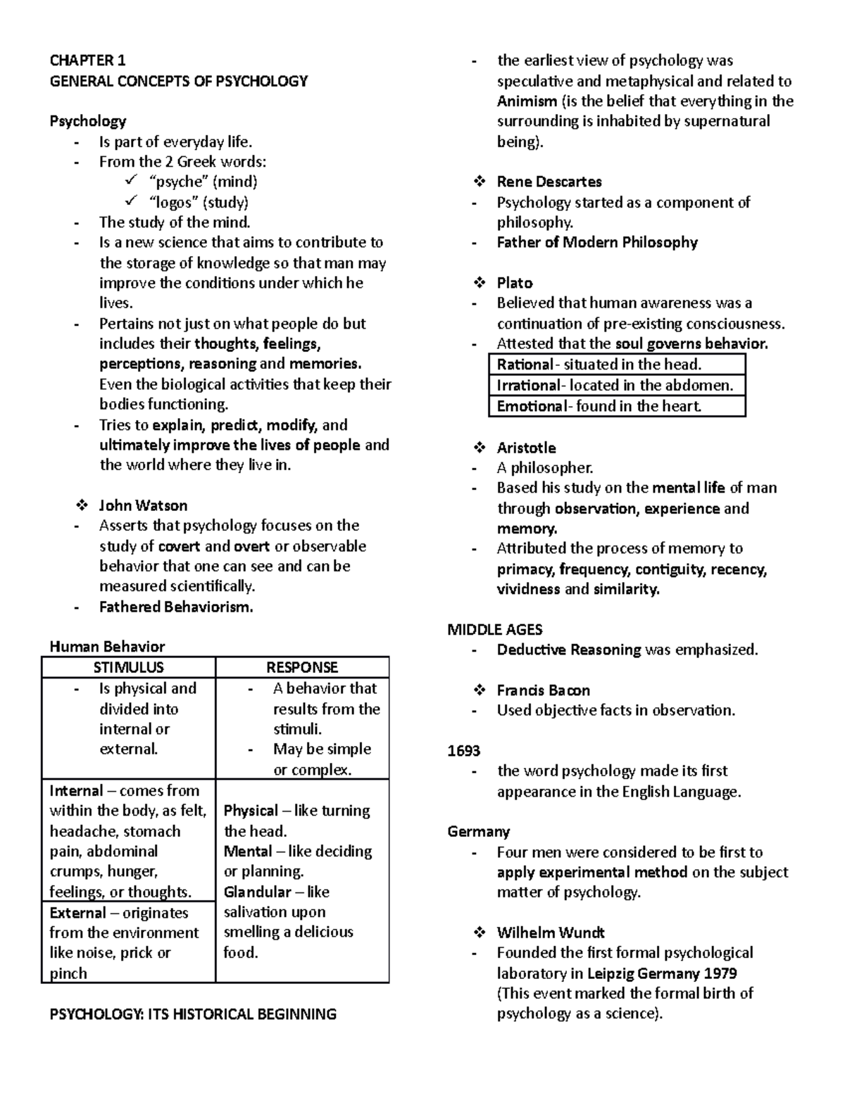 ITP - CHAPTER 1 GENERAL CONCEPTS OF PSYCHOLOGY Psychology - Is part of ...