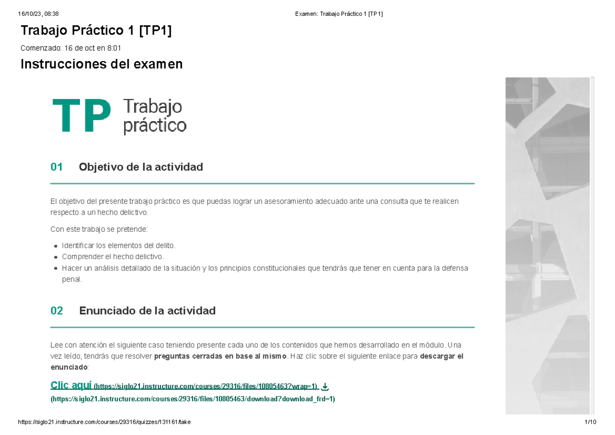 Derecho Penal 1 [TP1] 75PTS - Trabajo Práctico 1 [TP1] Comenzado: 16 de ...