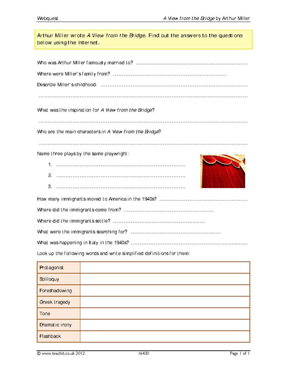 A research about the life of Arthur Miller - Webquest A View f rom t he ...