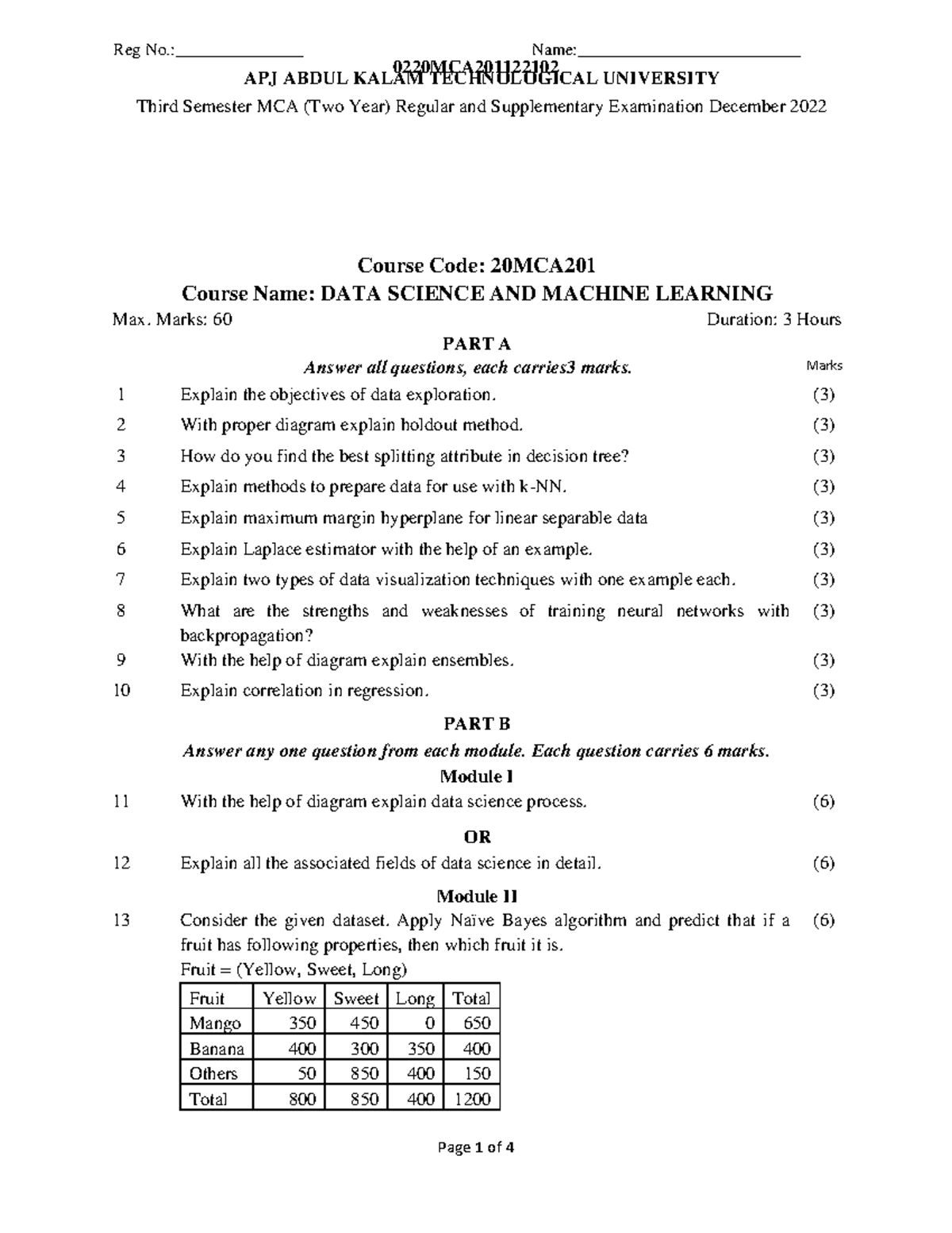 20MCA201-QP - Question paper of data science - 0220MCA Course Code: 20 ...