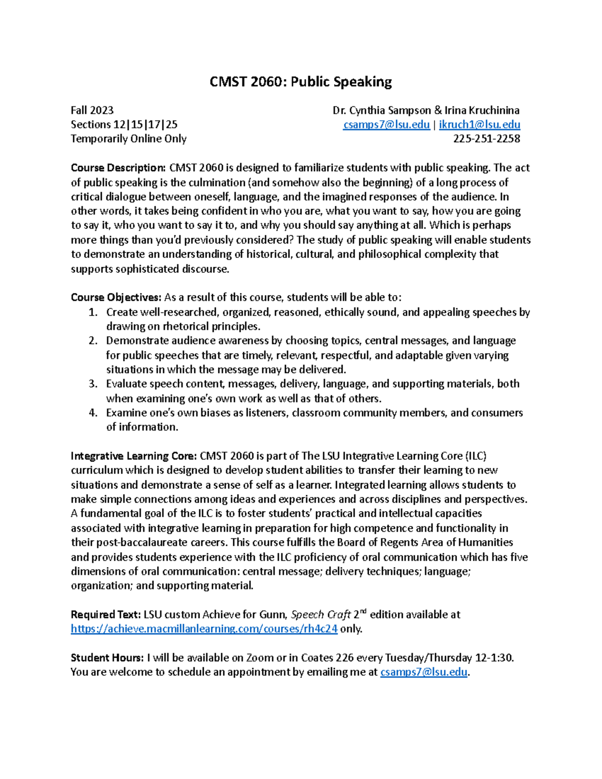 CMST2060 F23 Kruchinina Syllabus - CMST 2060: Public Speaking Fall 2023 ...