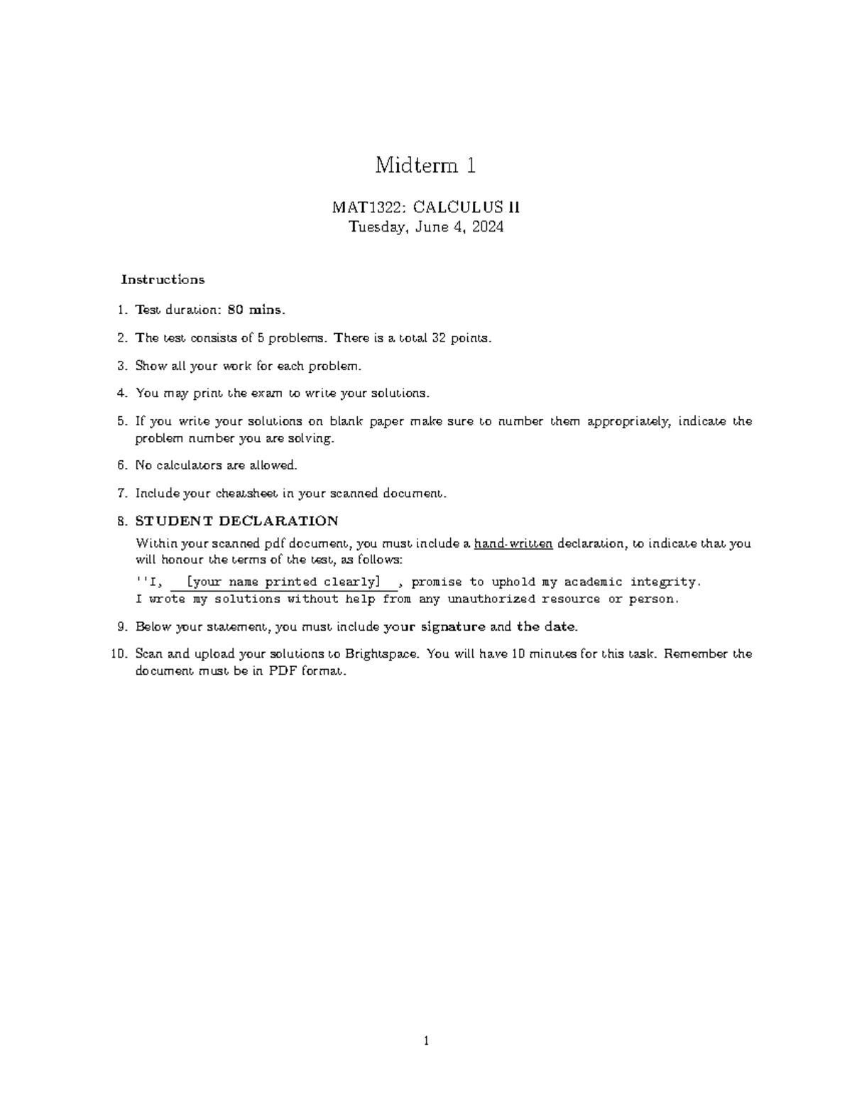 Midterm 1 - Midterm 1 MAT1322: CALCULUS II Tuesday, June 4, 2024 ... Midterm 1 - Midterm 1 MAT1322: CALCULUS II Tuesday, June 4, 2024 ...