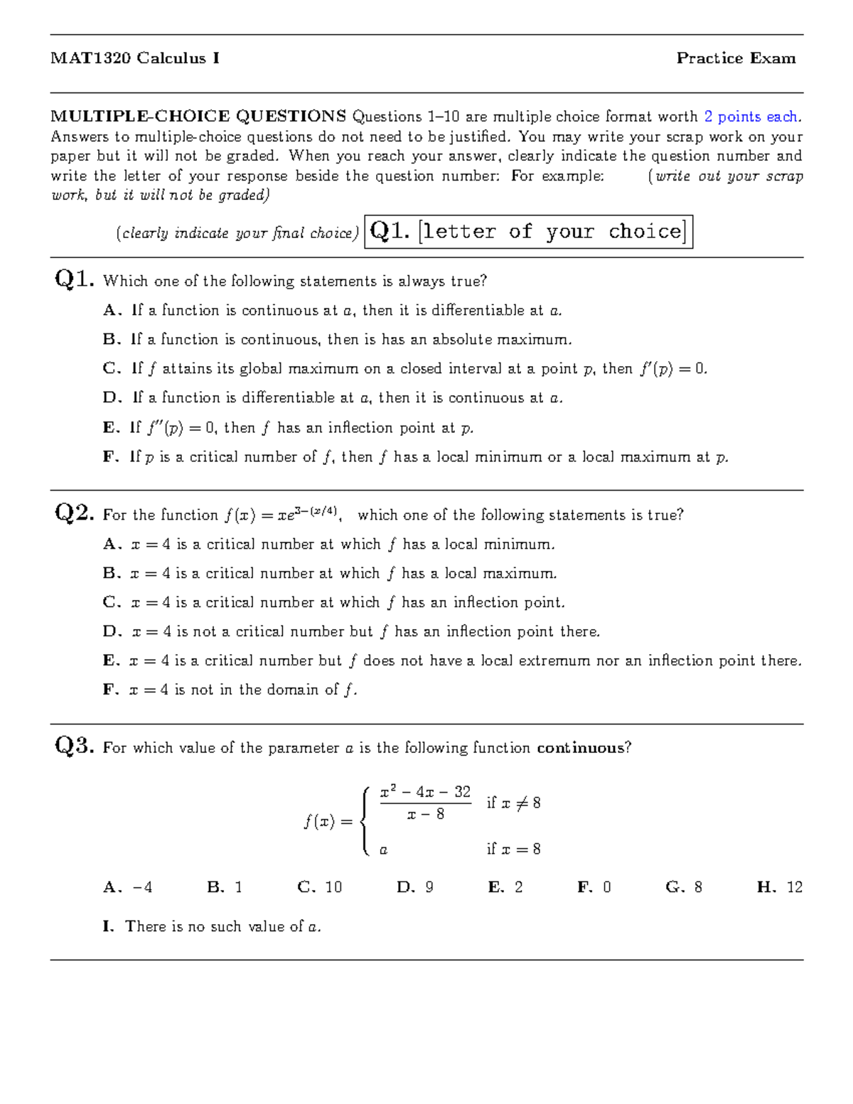 Mat1320-practice Exam - MAT1320 Calculus I Practice Exam MULTIPLE ...