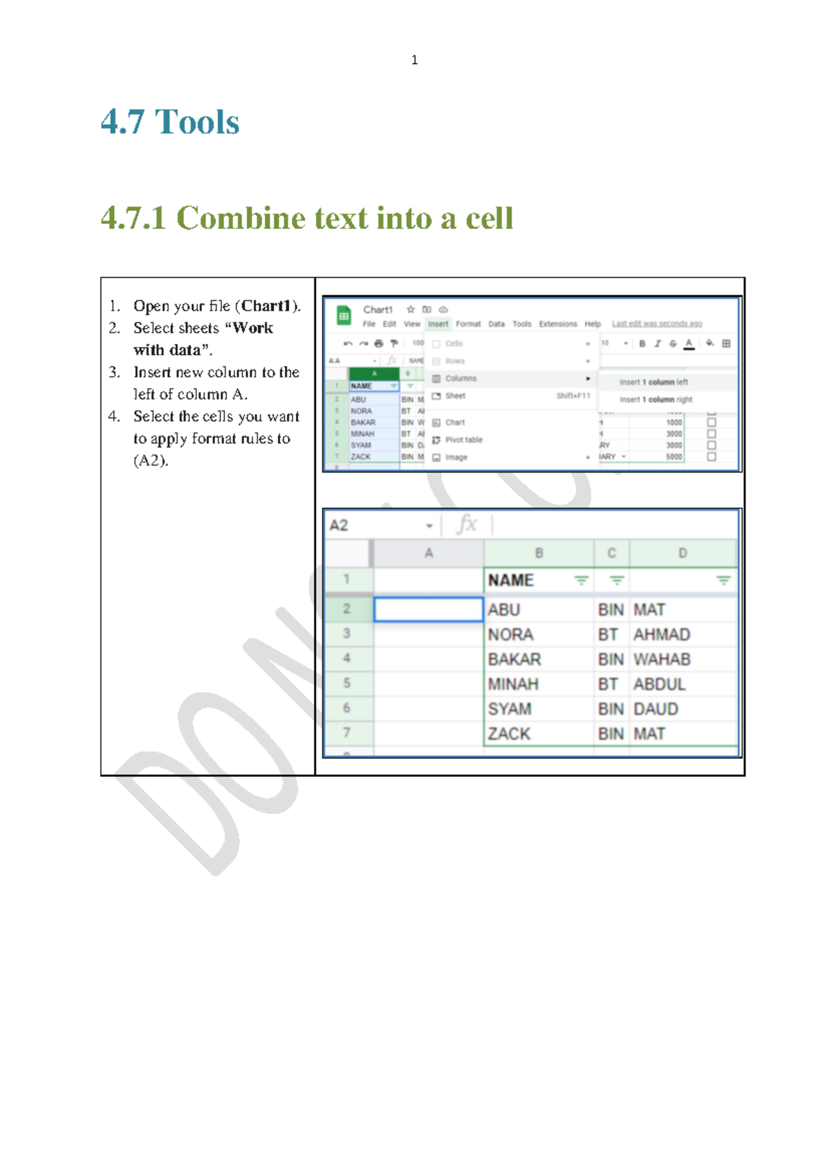 4 - step for google sheet assignment - 4 Tools 4.7 Combine text into a ...