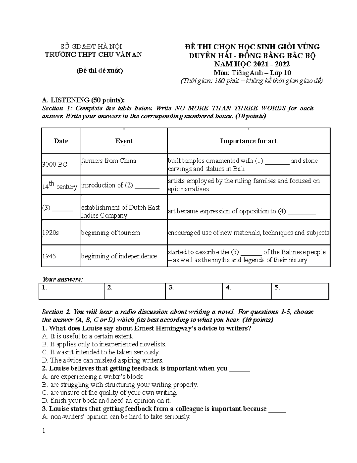 DE DE XUAT Dhdbbb 2022- Tieng ANH 10-THPT CHU VAN AN HN - SỞ GD&ĐT HÀ NỘI TRƯỜNG THPT CHU VĂN AN ...