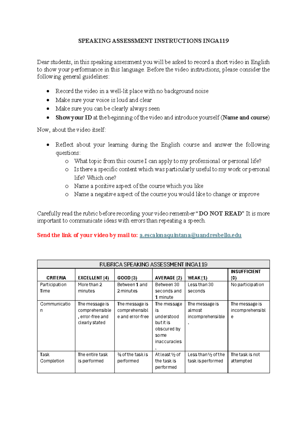 Speaking Assessment Instructions INGA119 - SPEAKING ASSESSMENT ...
