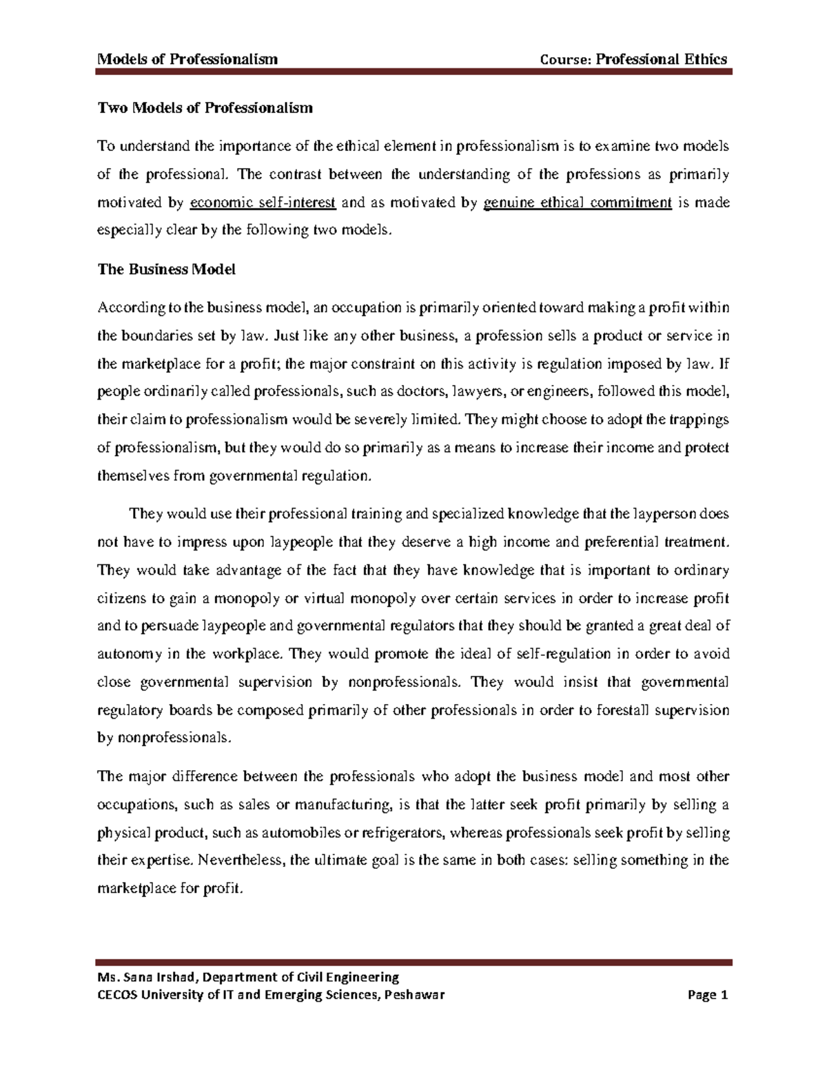 Models of Professionalism 1 - Sana Irshad, Department of Civil ...