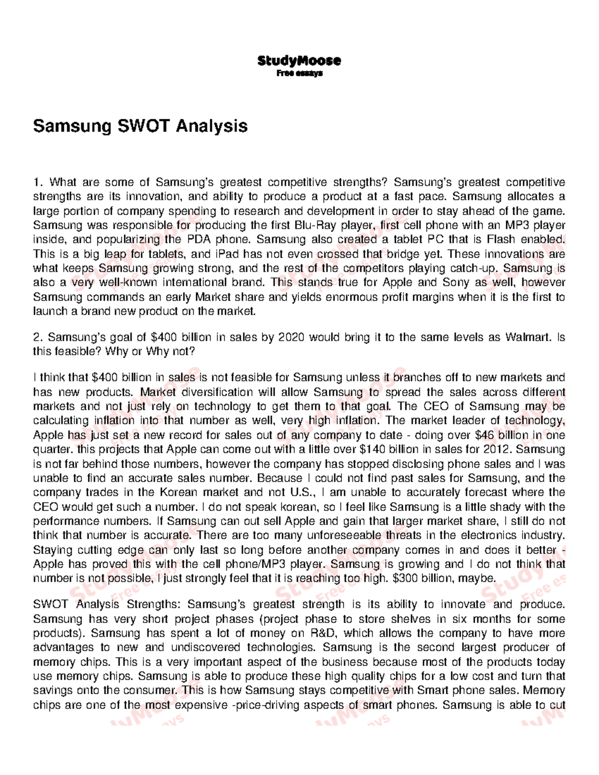 Samsung SWOT Analysis - Homework - Marketing Management - Marketing ...