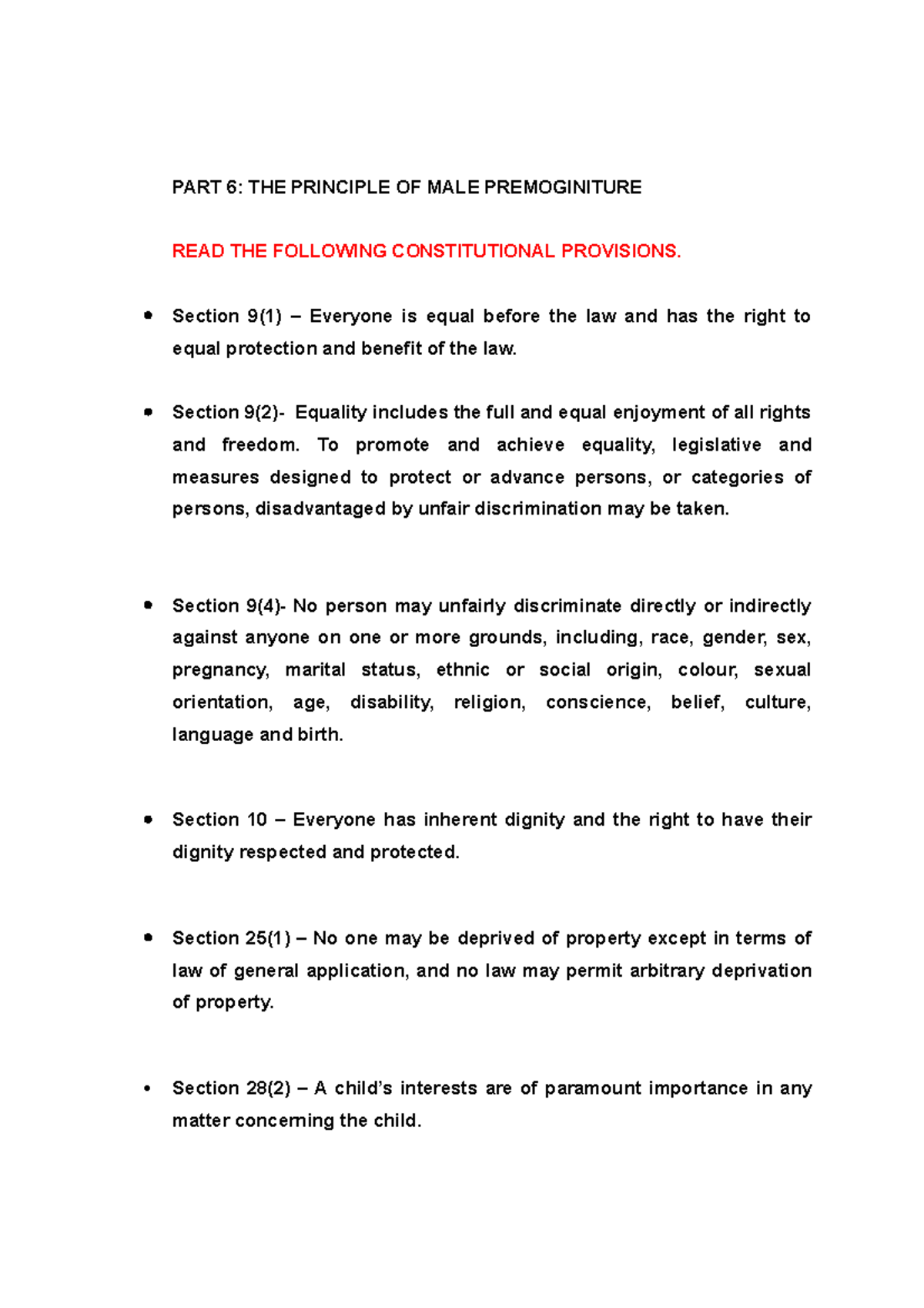 Constitutional Provisions AND THE Principle OF MALE Premoginiture ...