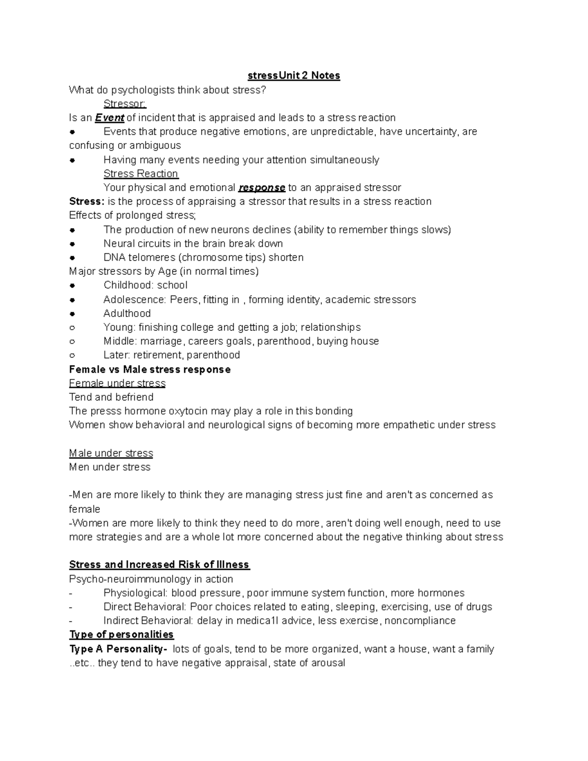 Psych 160 Stress and Sleep - stressUnit 2 Notes What do psychologists ...