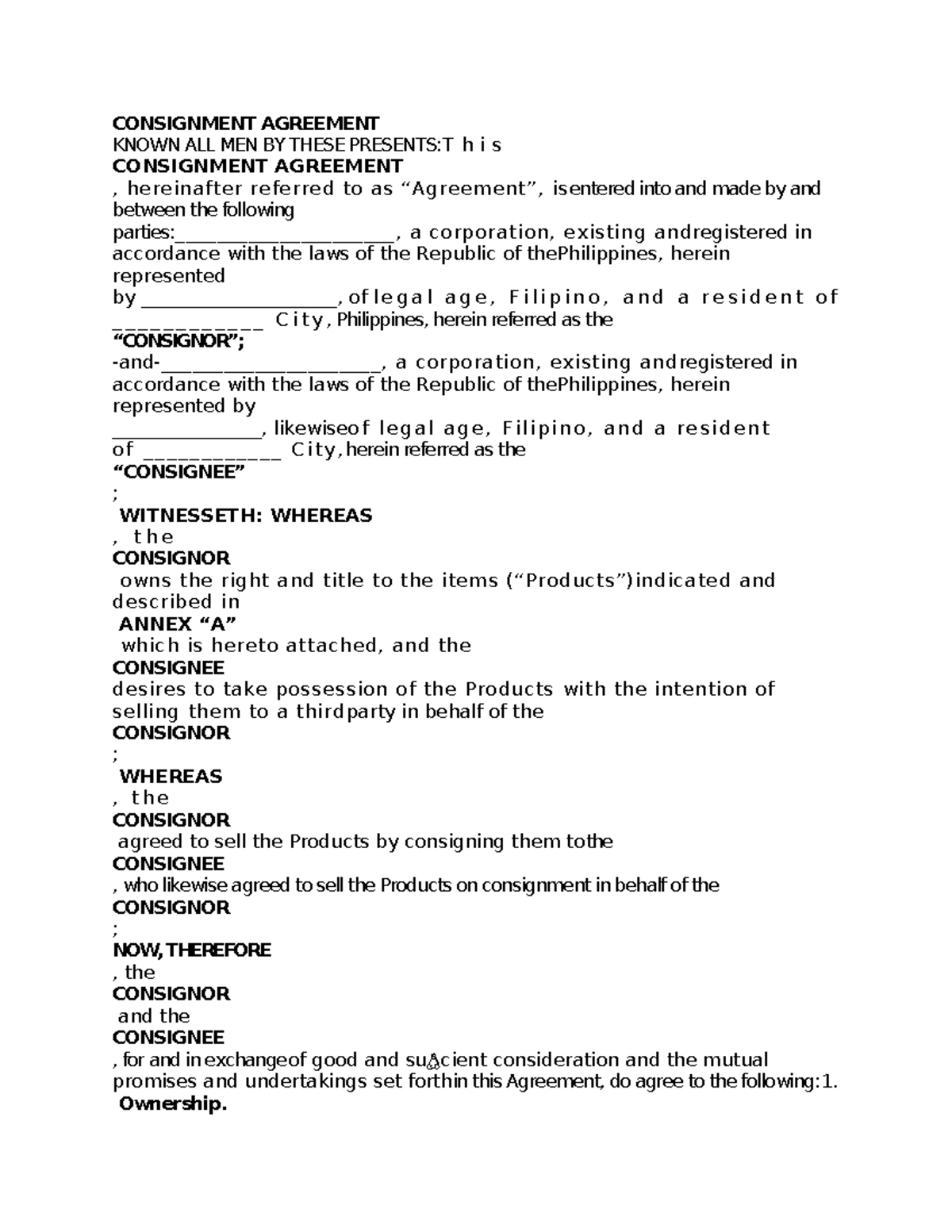 Consignment Agreement - CONSIGNMENT AGREEMENT KNOWN ALL MEN BY THESE ...
