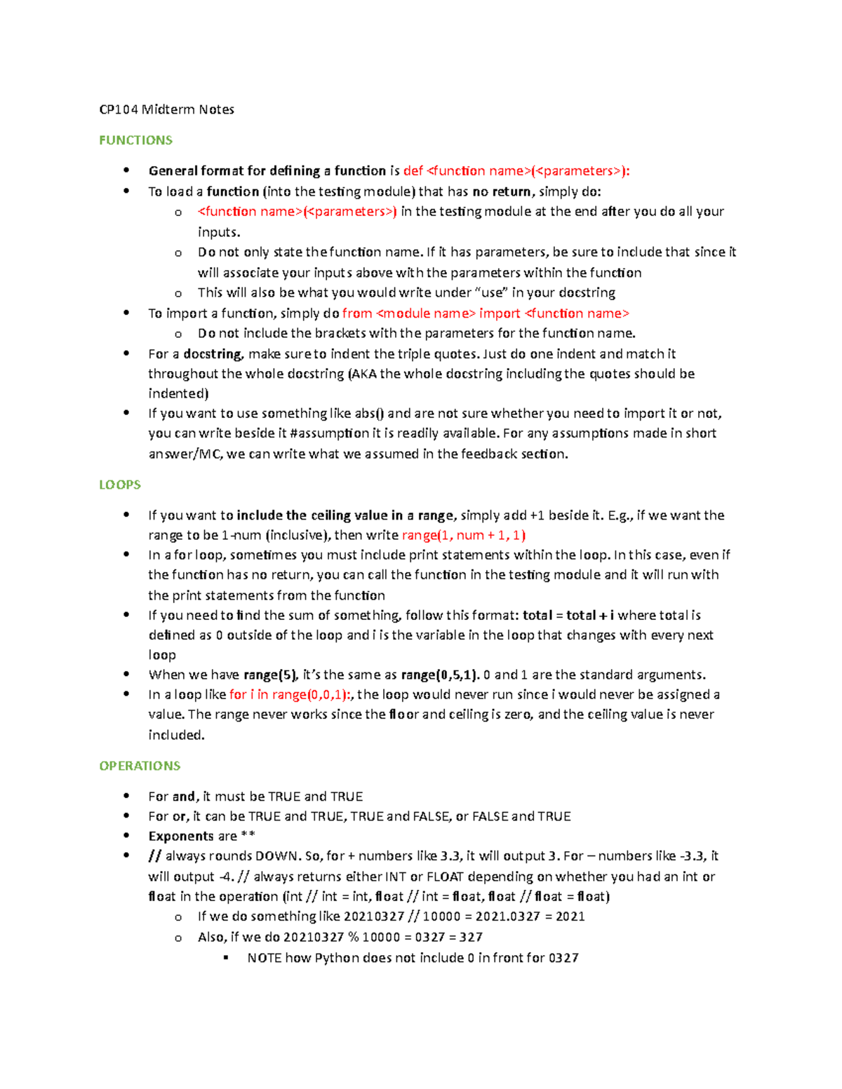 CP104: Fall Midterm Notes - CP104 Midterm Notes FUNCTIONS General ...