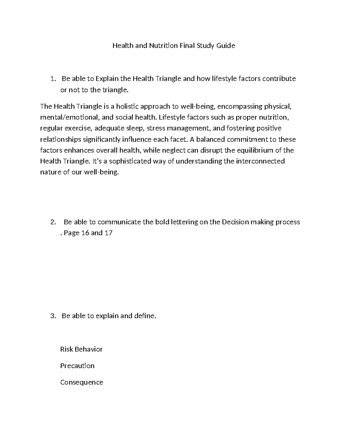 Copy of Health and Nutrition Final Study Guide - Health and Nutrition ...