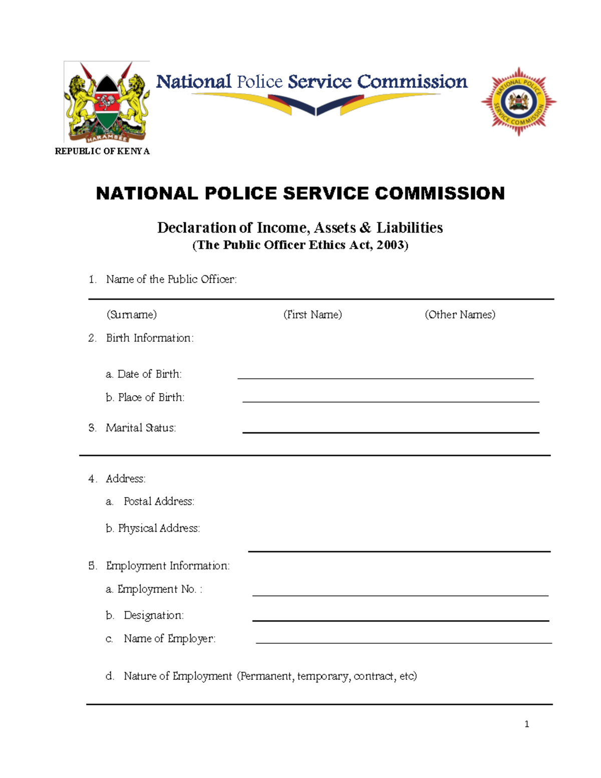 NPSC Wealth Declaration Form 2019 - NATIONAL POLICE SERVICE COMMISSION ...