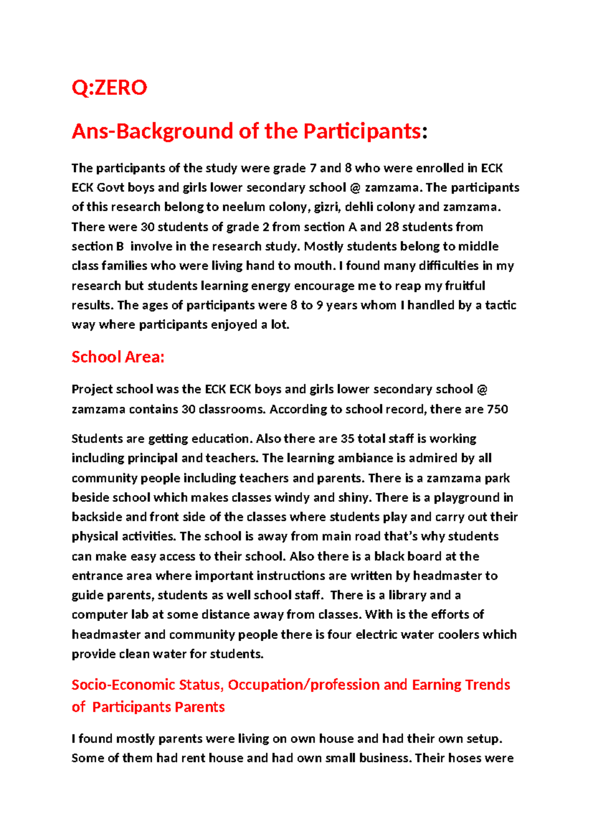 Faheem zero question - bed - Q:ZERO Ans-Background of the Participants ...