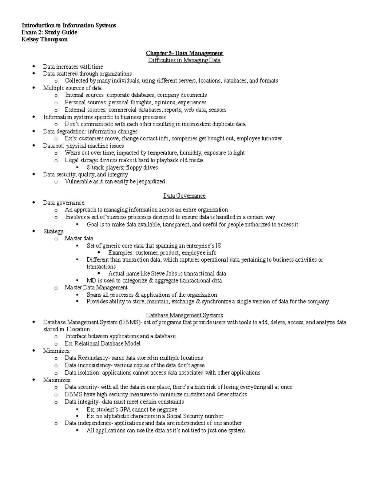 Study Guide - great notes - Introduction to Information Systems Exam 2 ...