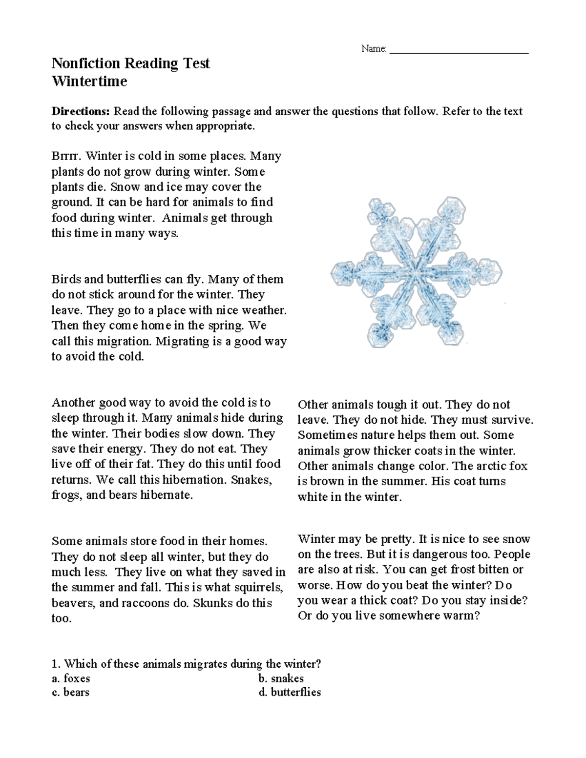 Nonfiction reading test wintertime - Name ...
