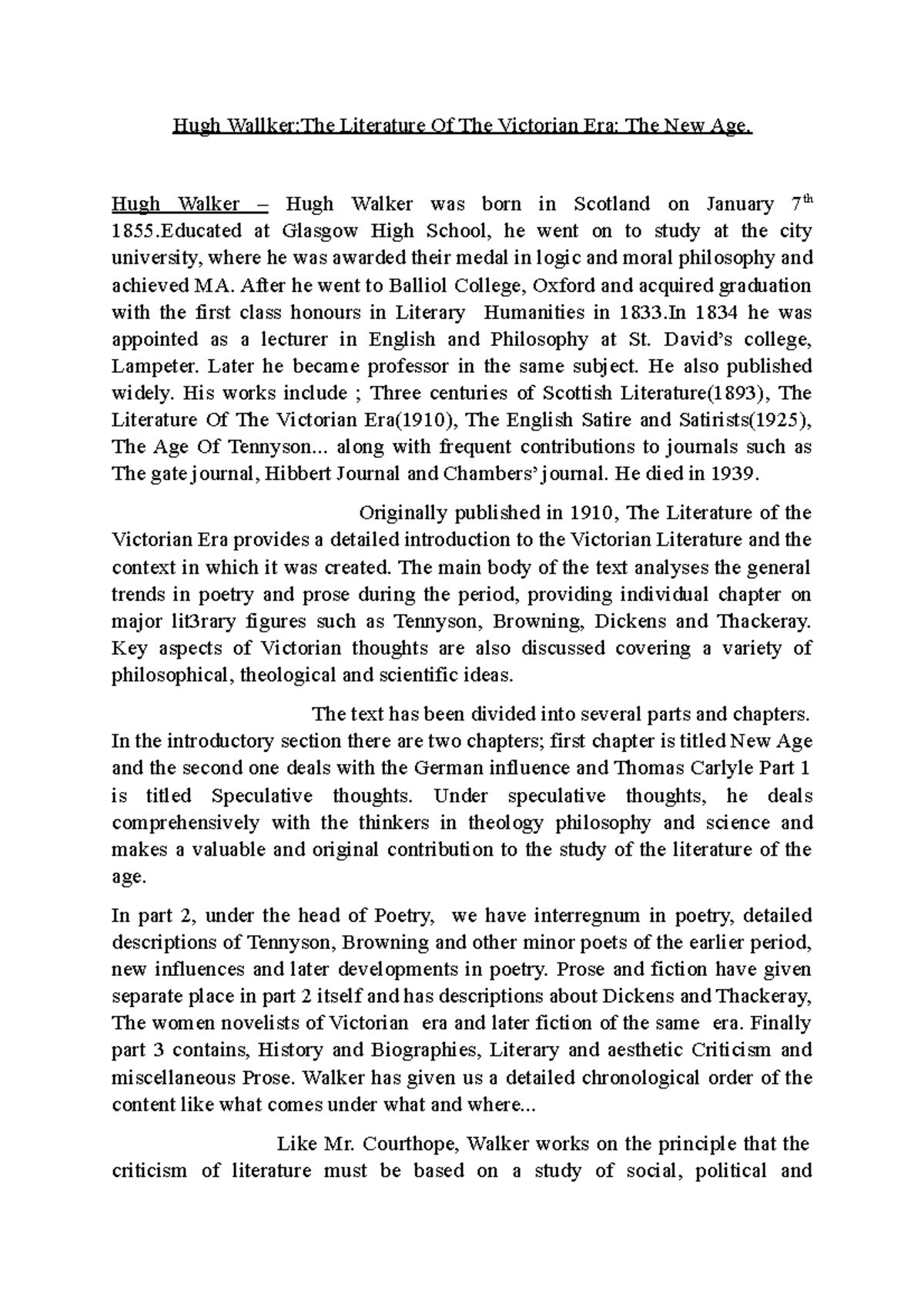 The Literature of the Victorian era-Hugh Walker - Hugh Wallker:The ...