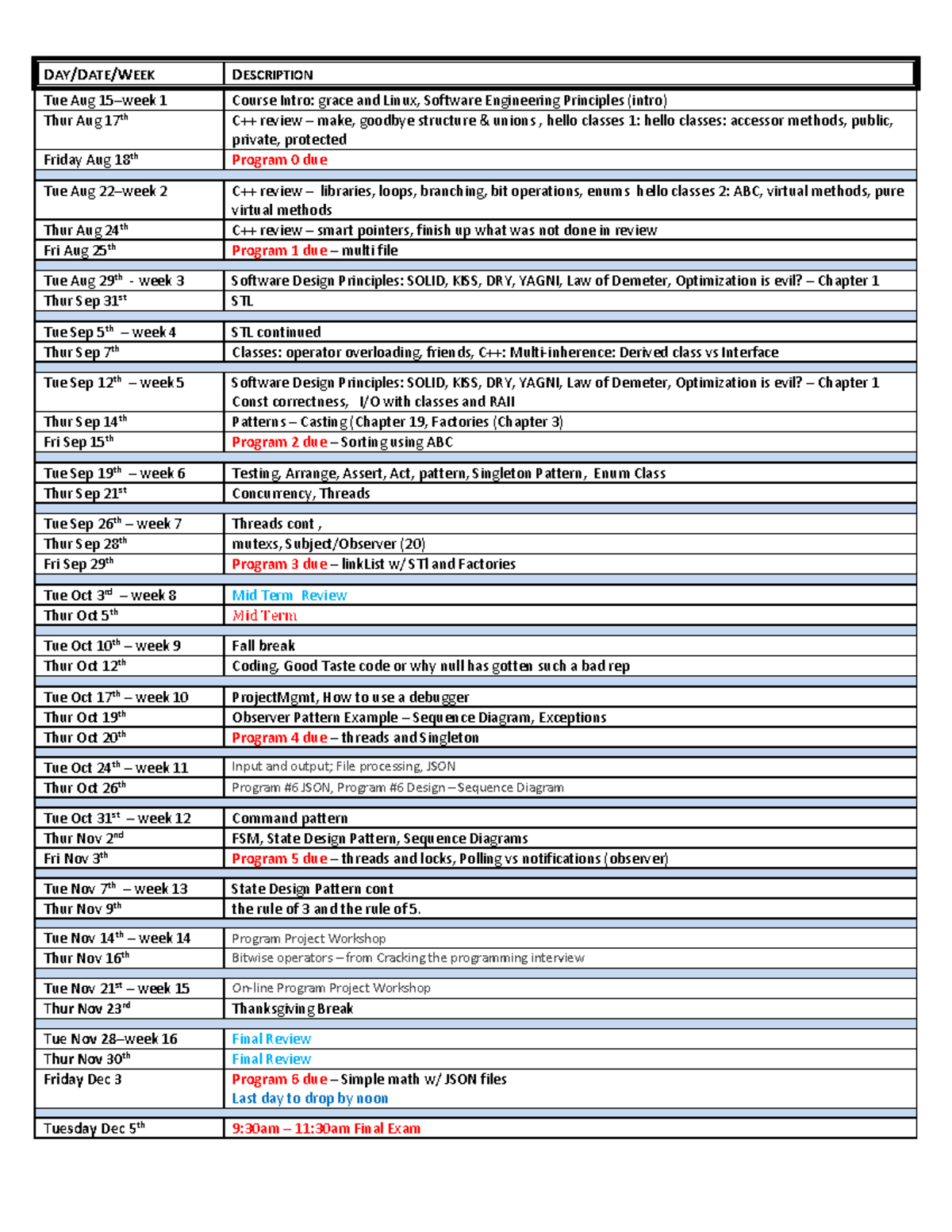 Calendars-2023-Fall - Syllabus - DAY/DATE/WEEK DESCRIPTION Tue Aug 1 5 ...