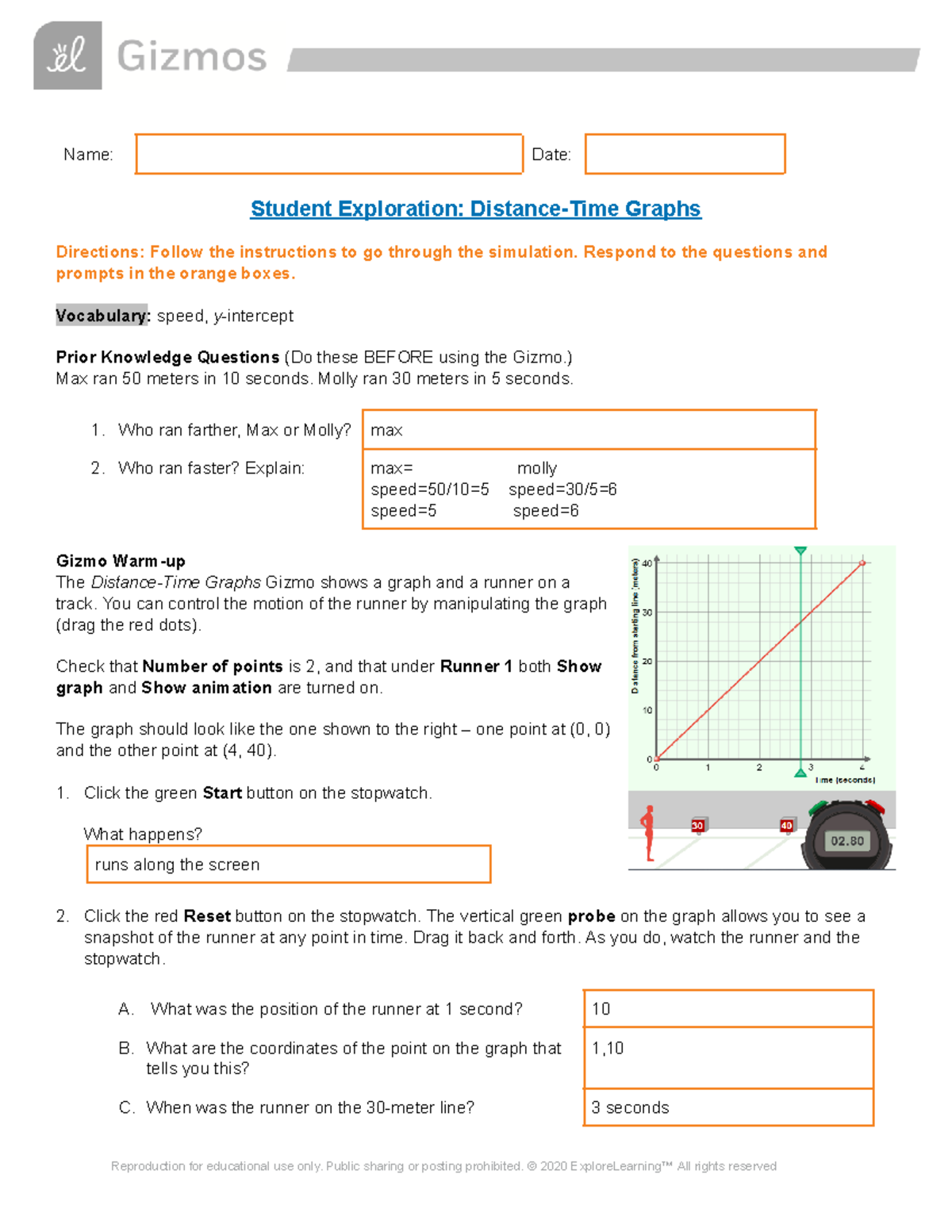 Distance Time-graphs gizmo - Name: Date: Student Exploration: Distance ...