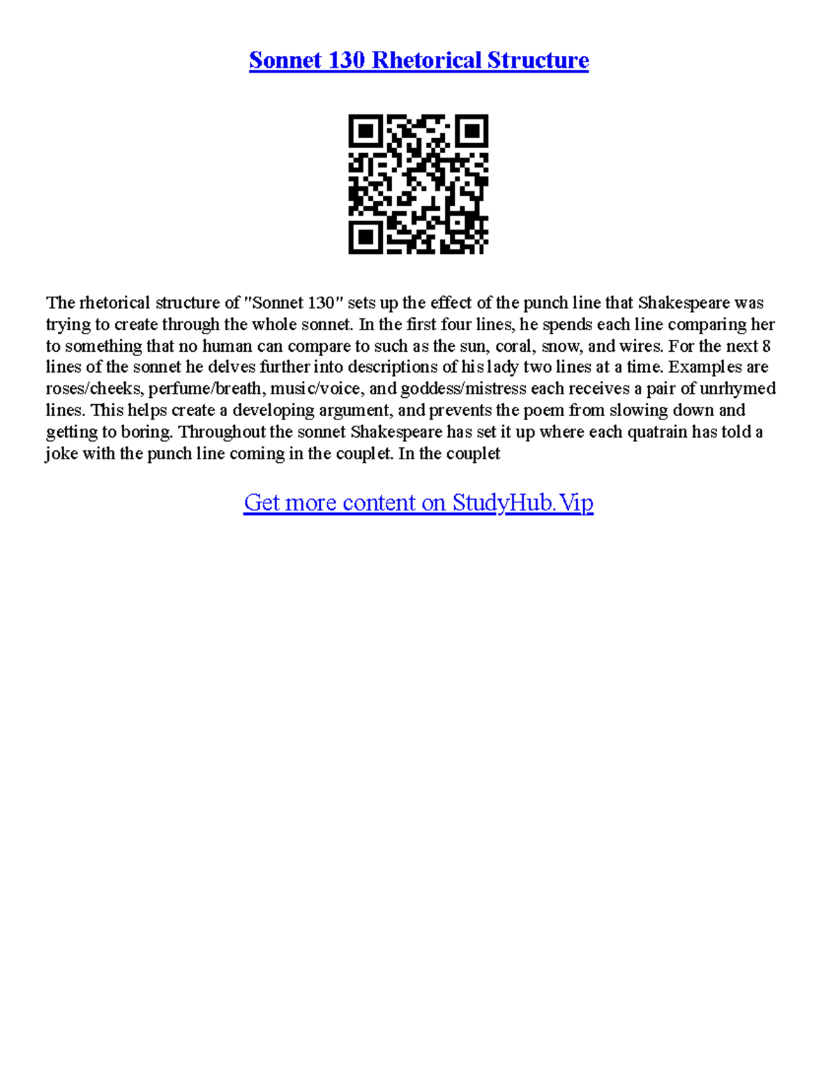 Sonnet 130 Essay - Sonnet 130 Rhetorical Structure The rhetorical ...