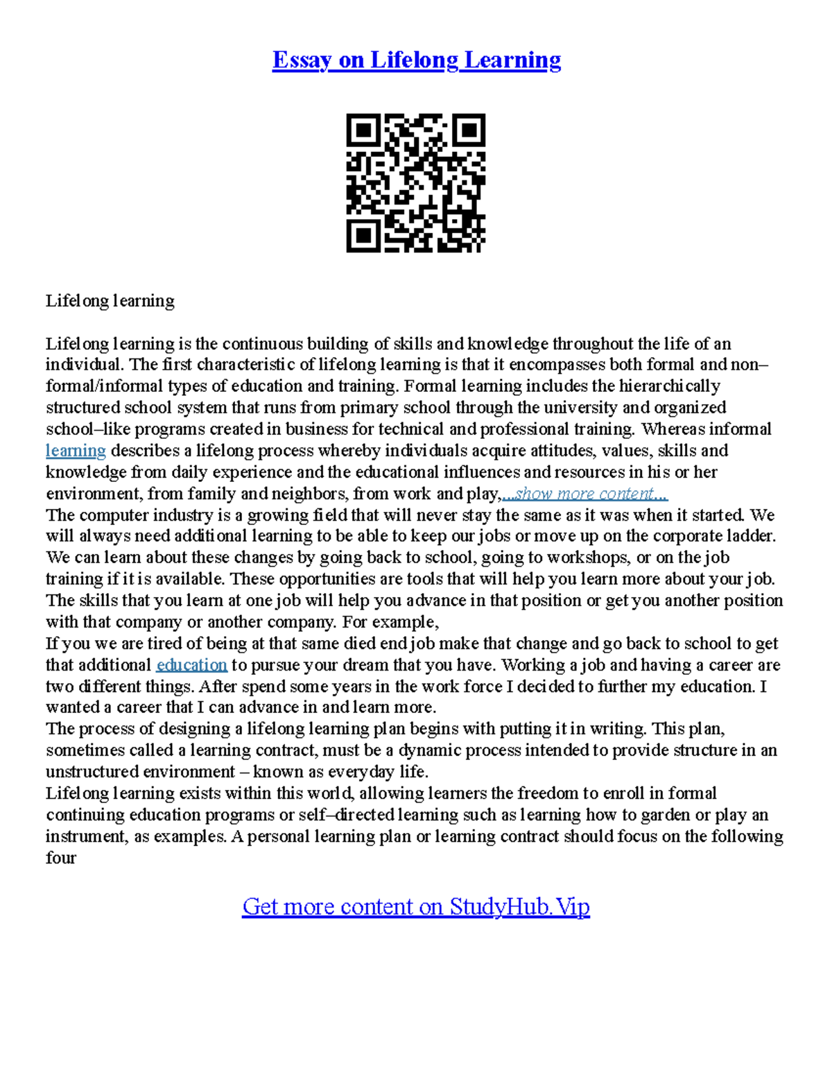 Short Essay Example - Essay on Lifelong Learning Lifelong learning ...