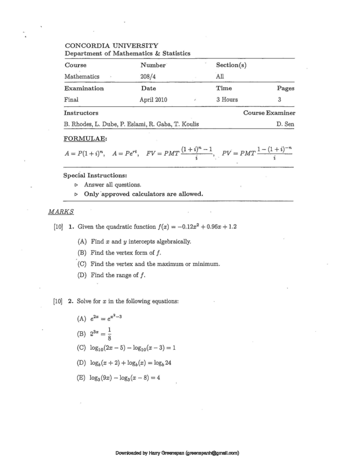 April 2010 with Answers - CONCORDIA UNIVERSITY Department of ...