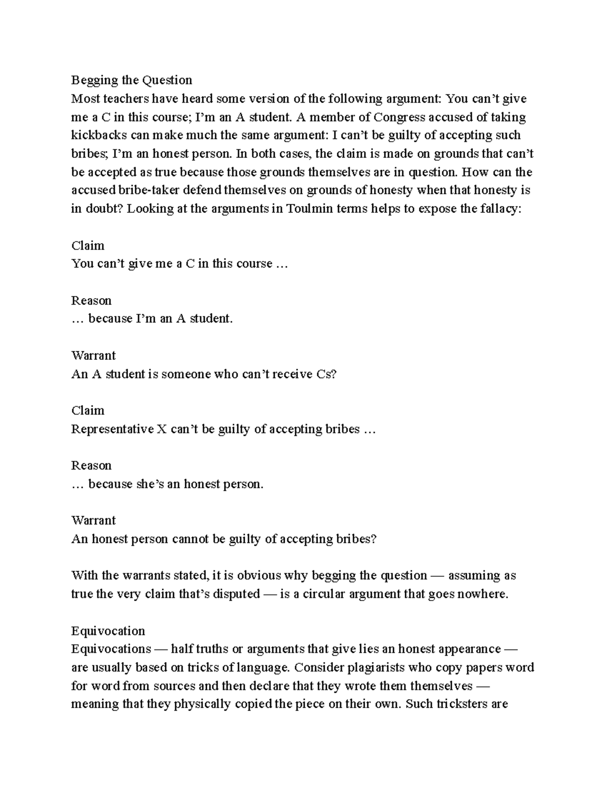 Rhetoric and Composition notes 13 - Begging the Question Most teachers ...