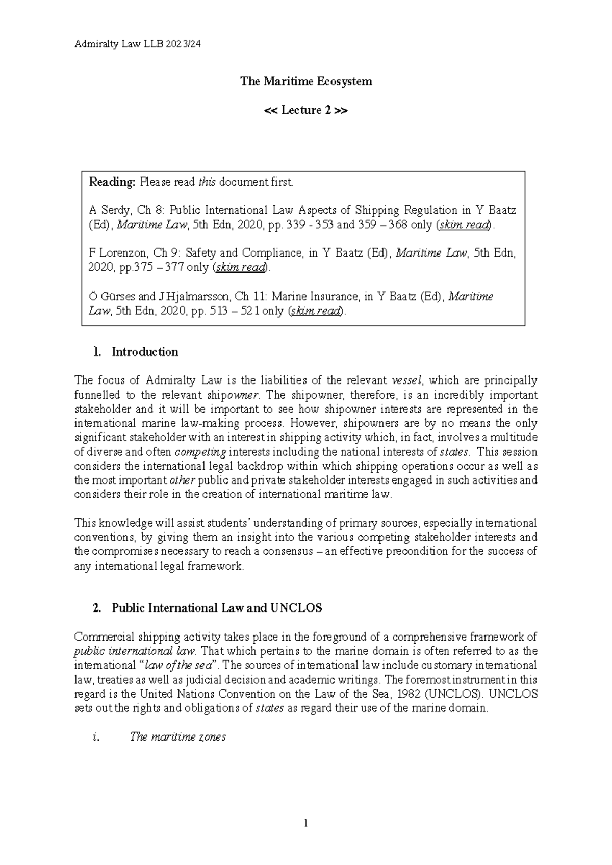 L2 - The Maritime Ecosystem LLB (AN 2023) - Admiralty Law LLB 202 3 /2 ...