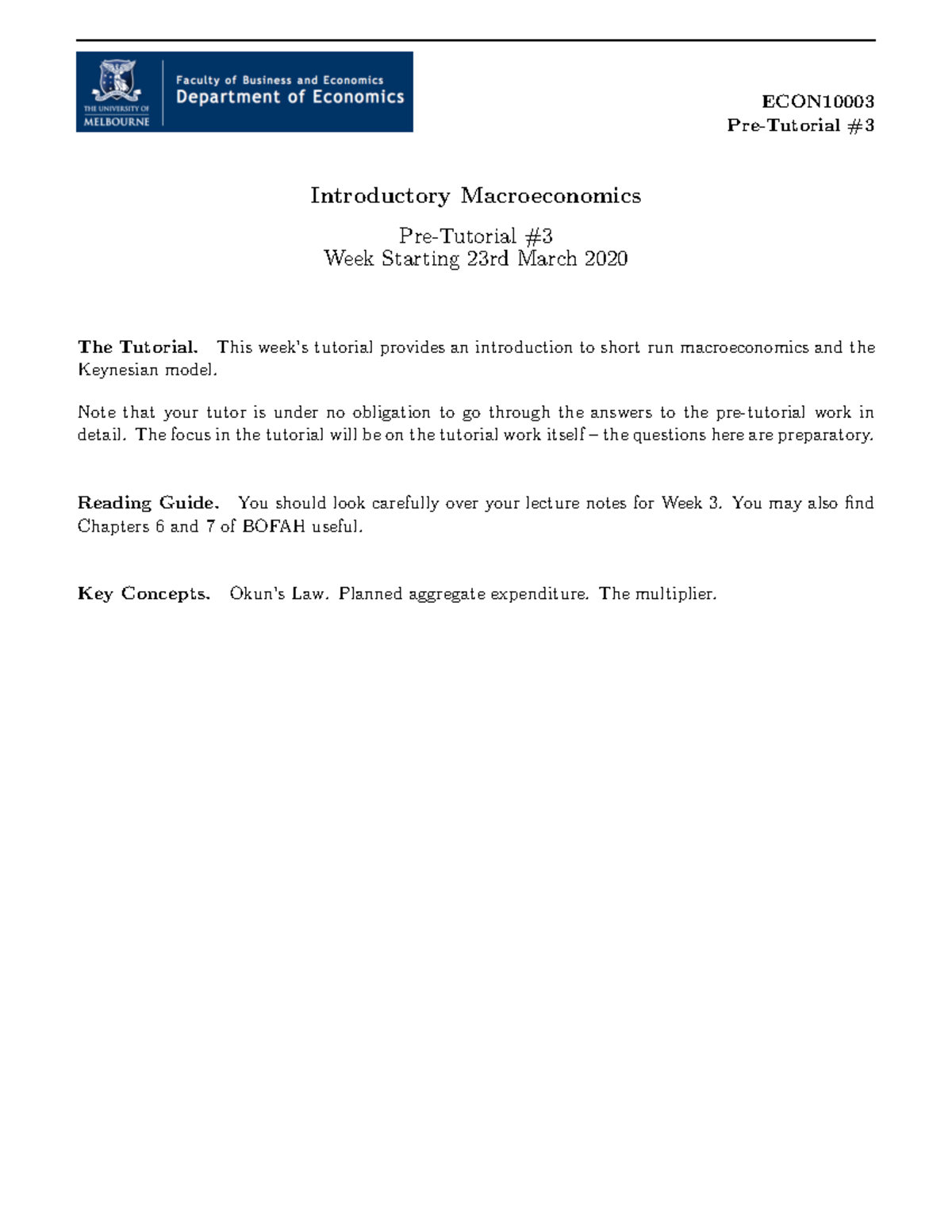 Intro Macro pre tut 3 - ECON Pre-Tutorial # Introductory Macroeconomics ...