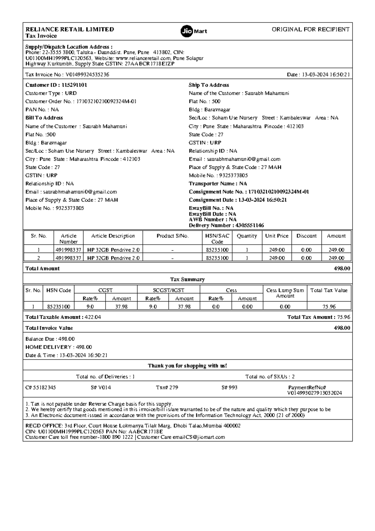 Array Chapter 1 - RELIANCE RETAIL LIMITED Tax Invoice ORIGINAL FOR ...